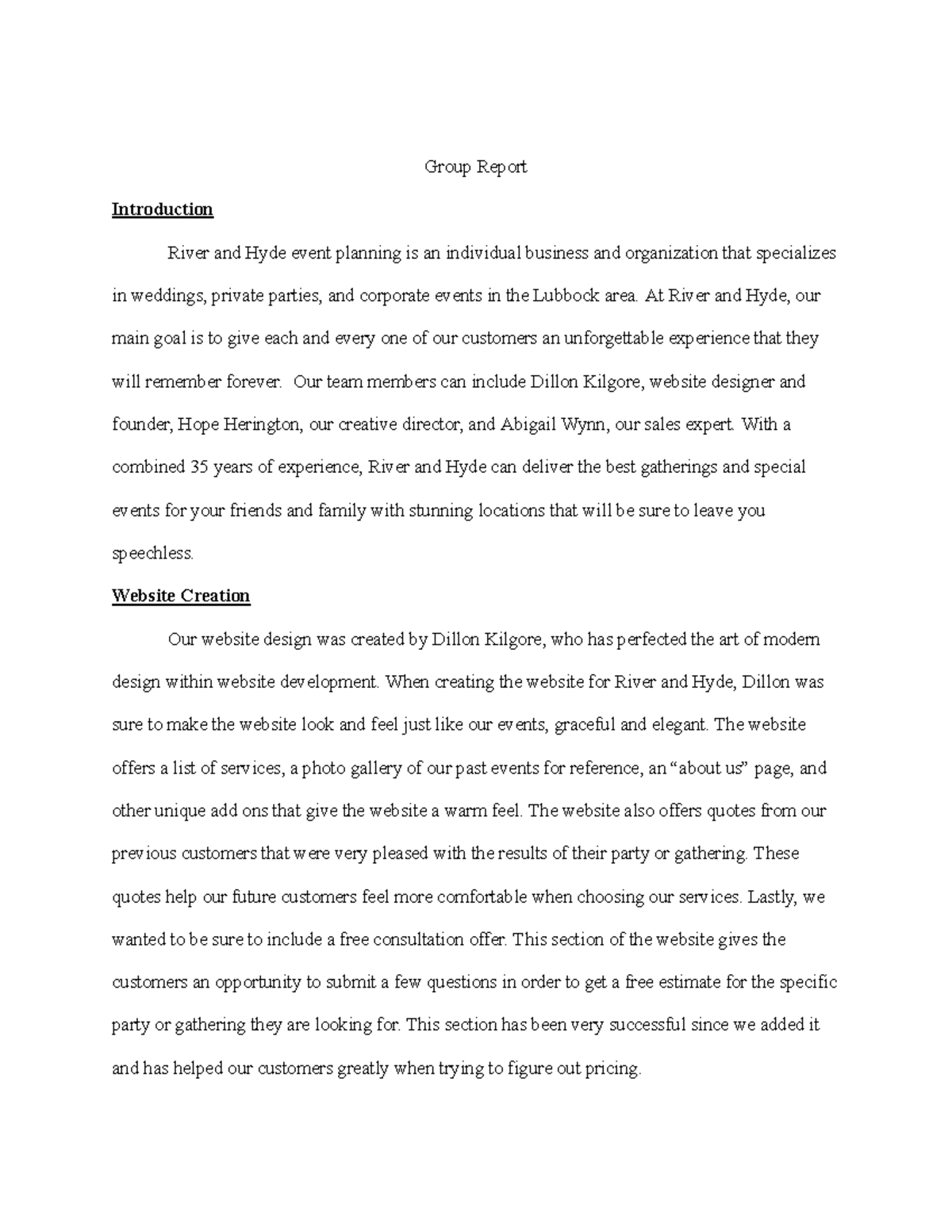 Copy of group report for MKT 4355 - Group Report Introduction River and Hyde event planning is ...