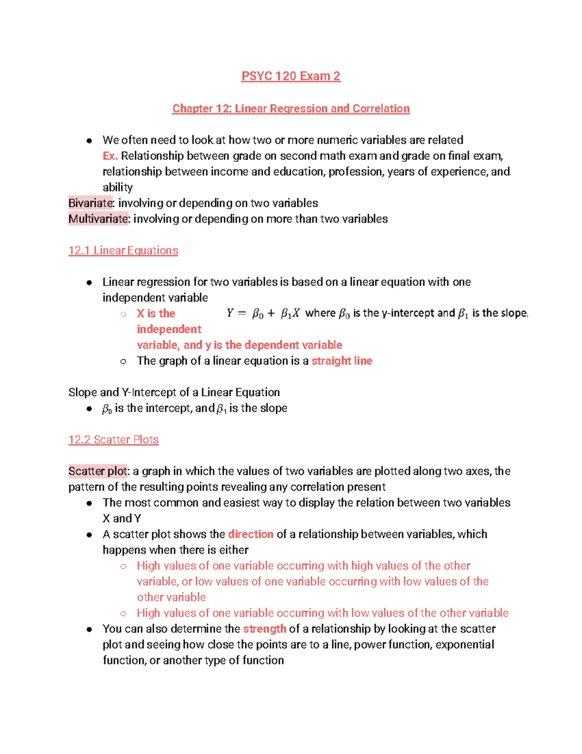 Notes for Exam 2 - PSYC 120 Exam 2 Chapter 12: Linear Regression and ...