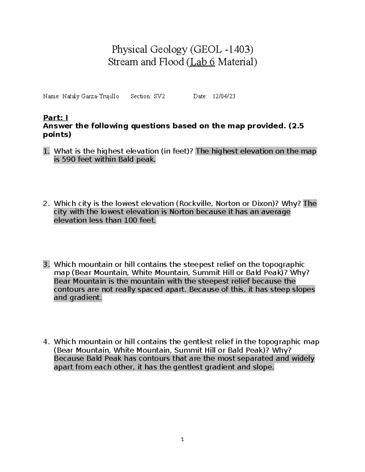Lab 6 Streams and Floods - Physical Geology (GEOL -1403) Stream and Flood (Lab 6 Material) Name ...