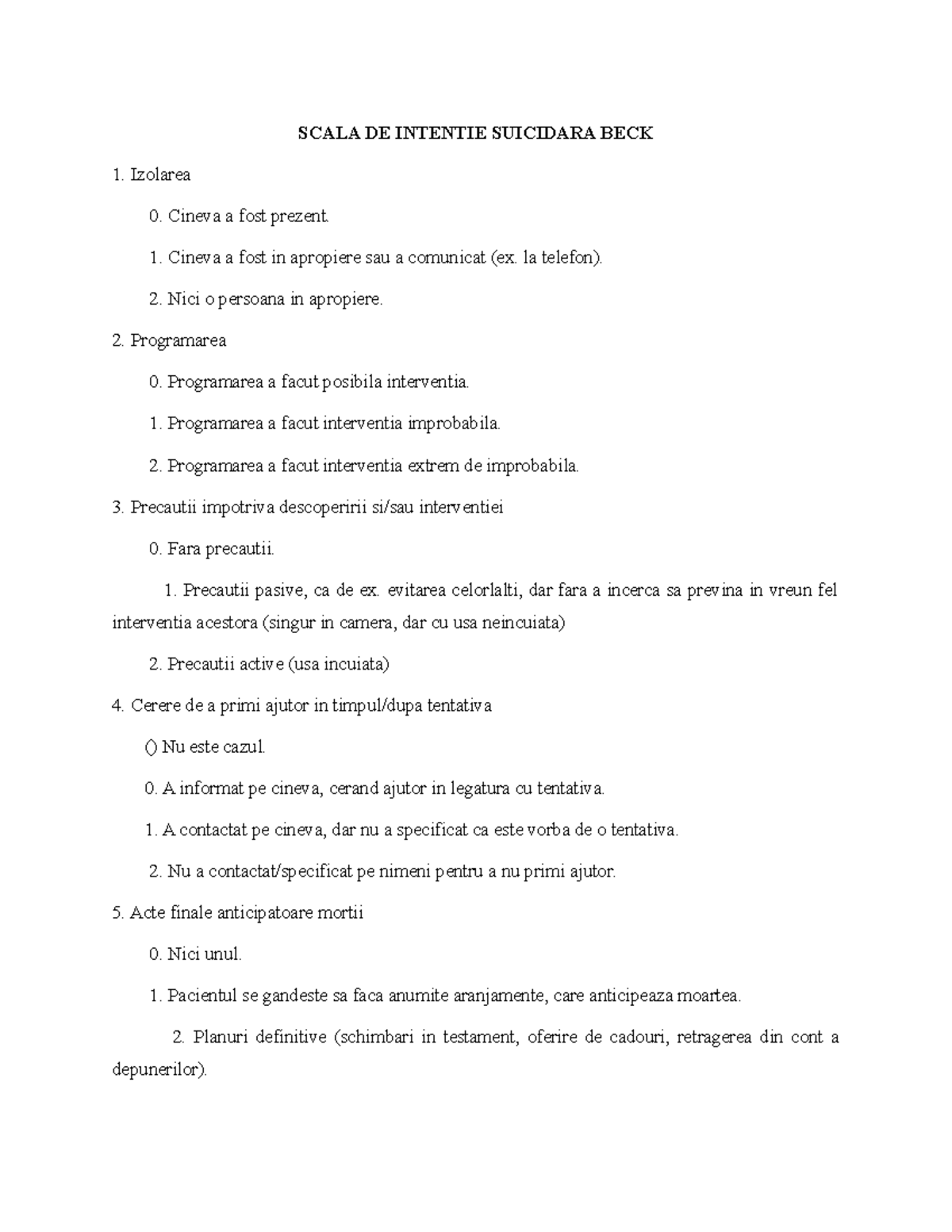 Scala DE Intentie Suicidara BECK - SCALA DE INTENTIE SUICIDARA BECK 1 ...