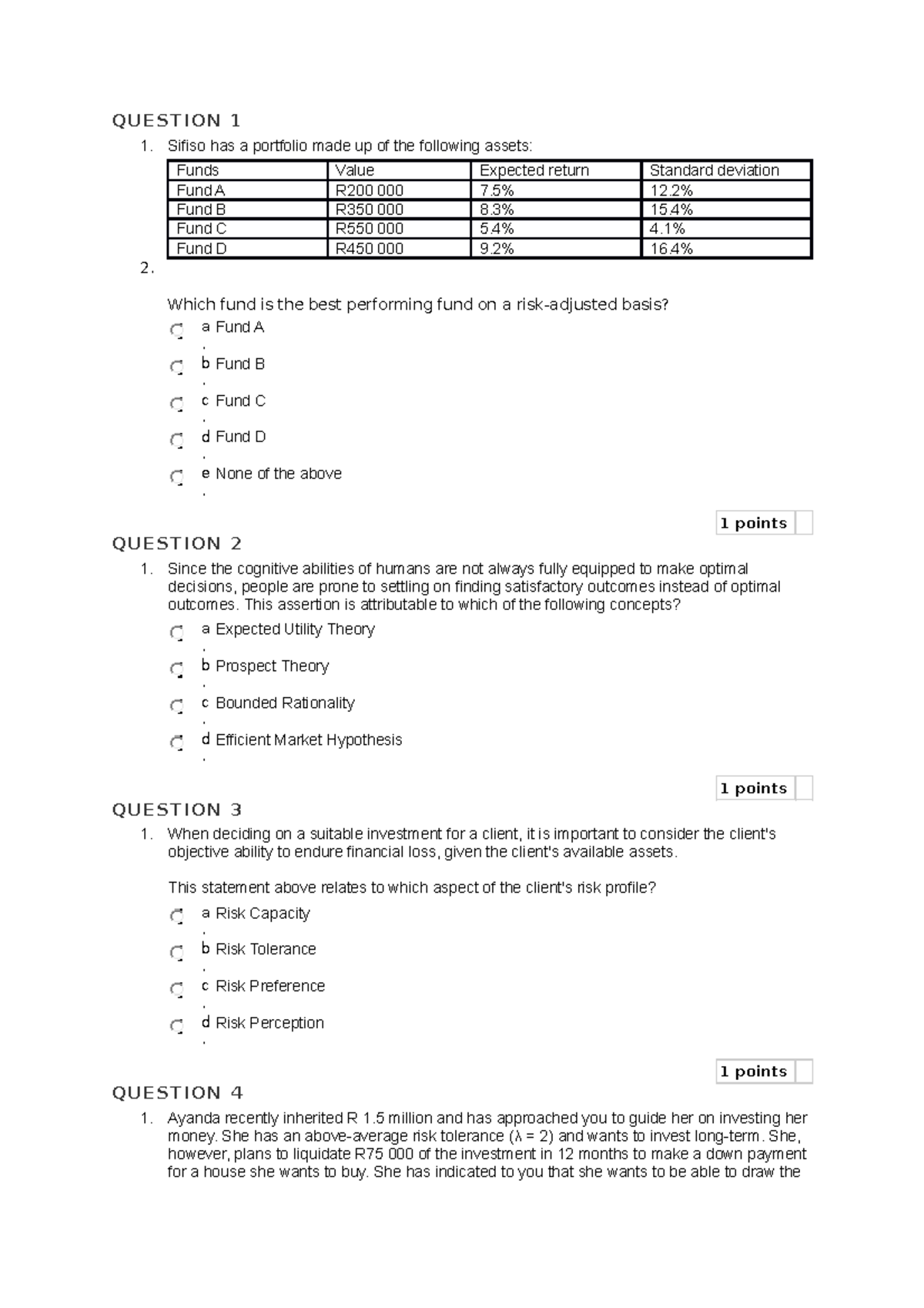 LFPP Quiz 1 Investment Managament - QUESTION 1 Sifiso has a portfolio ...