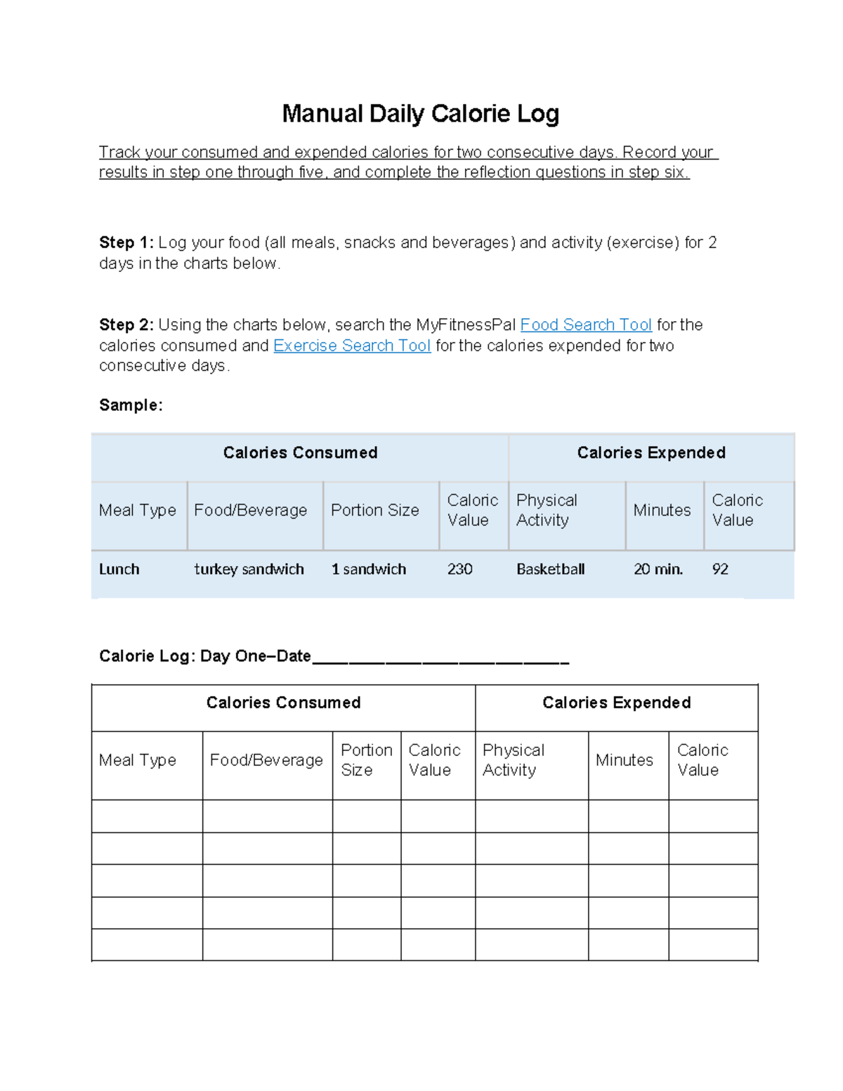 Option 1 manual daily log - Manual Daily Calorie Log Track your ...