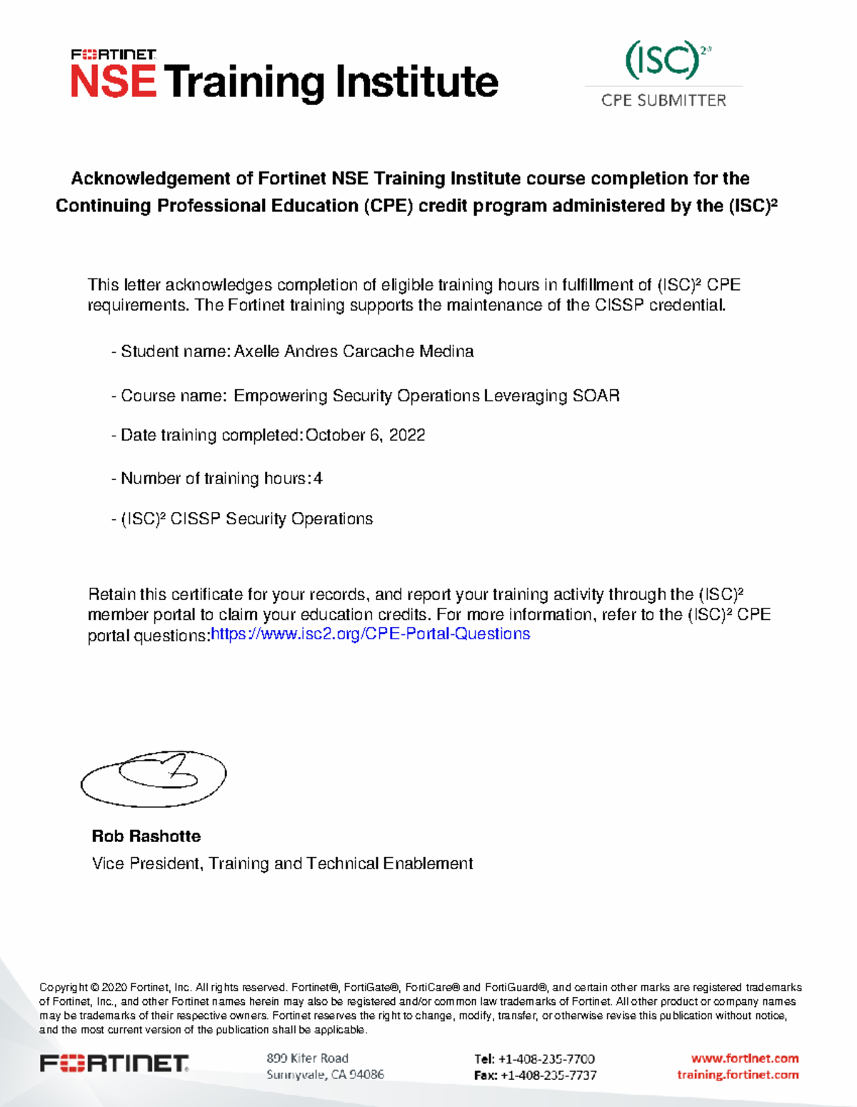 ISC Letter - Certification - Acknowledgement of Fortinet NSE Training ...