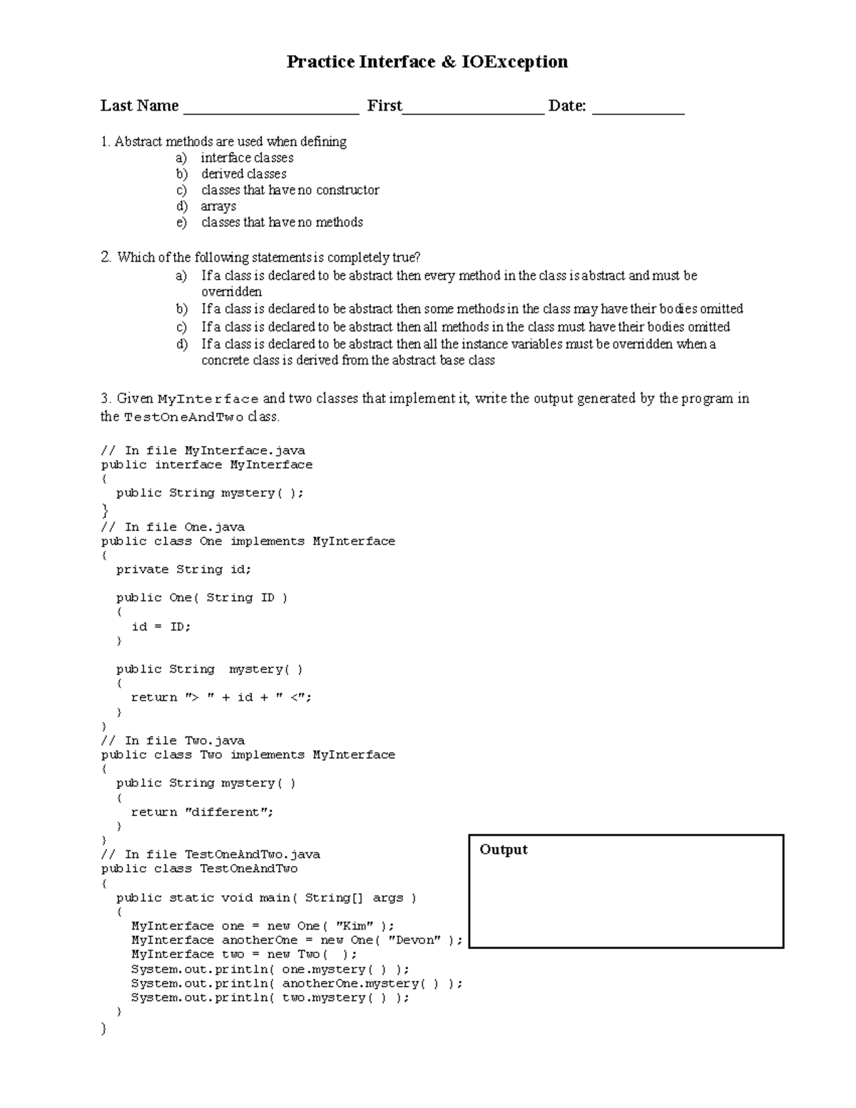 Exceptions - CSE 205 Exam Study Guide 2 - Practice Interface & IOException Last Name - Studocu