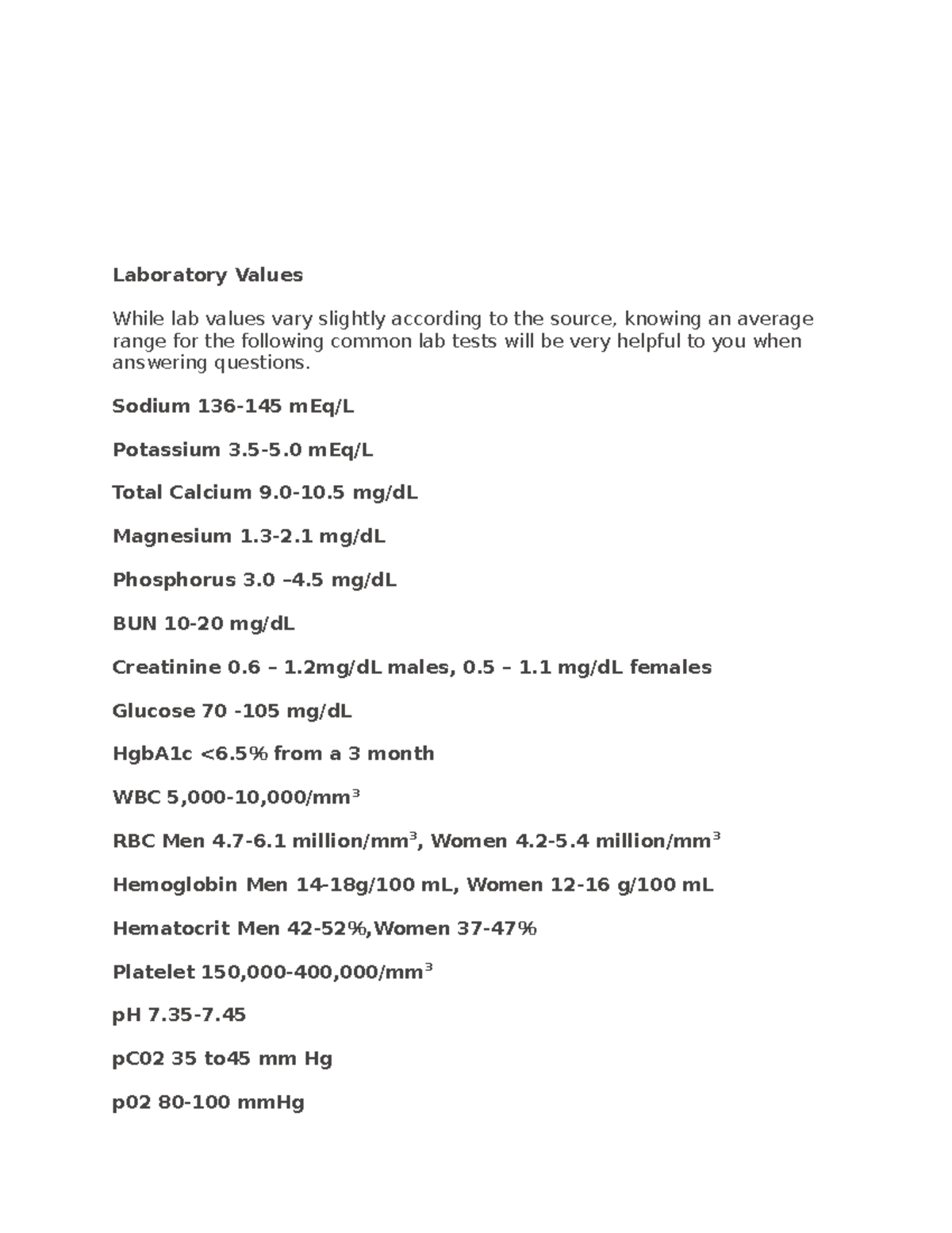 Laboratory Values - Lecttures notes for mark klimex , yellow book ...