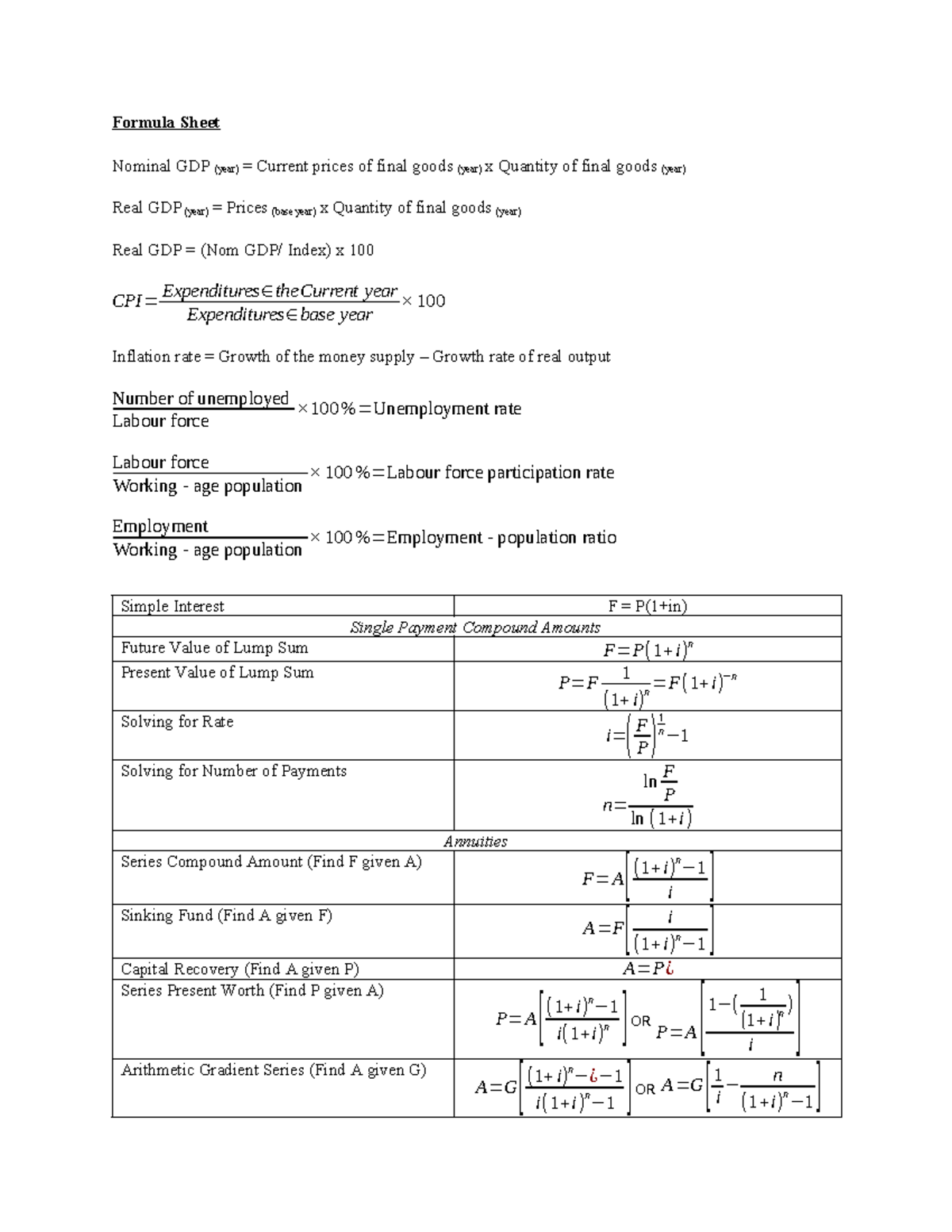 Final Exam Formula Sheet - Formula Sheet Nominal GDP (year) = Current ...