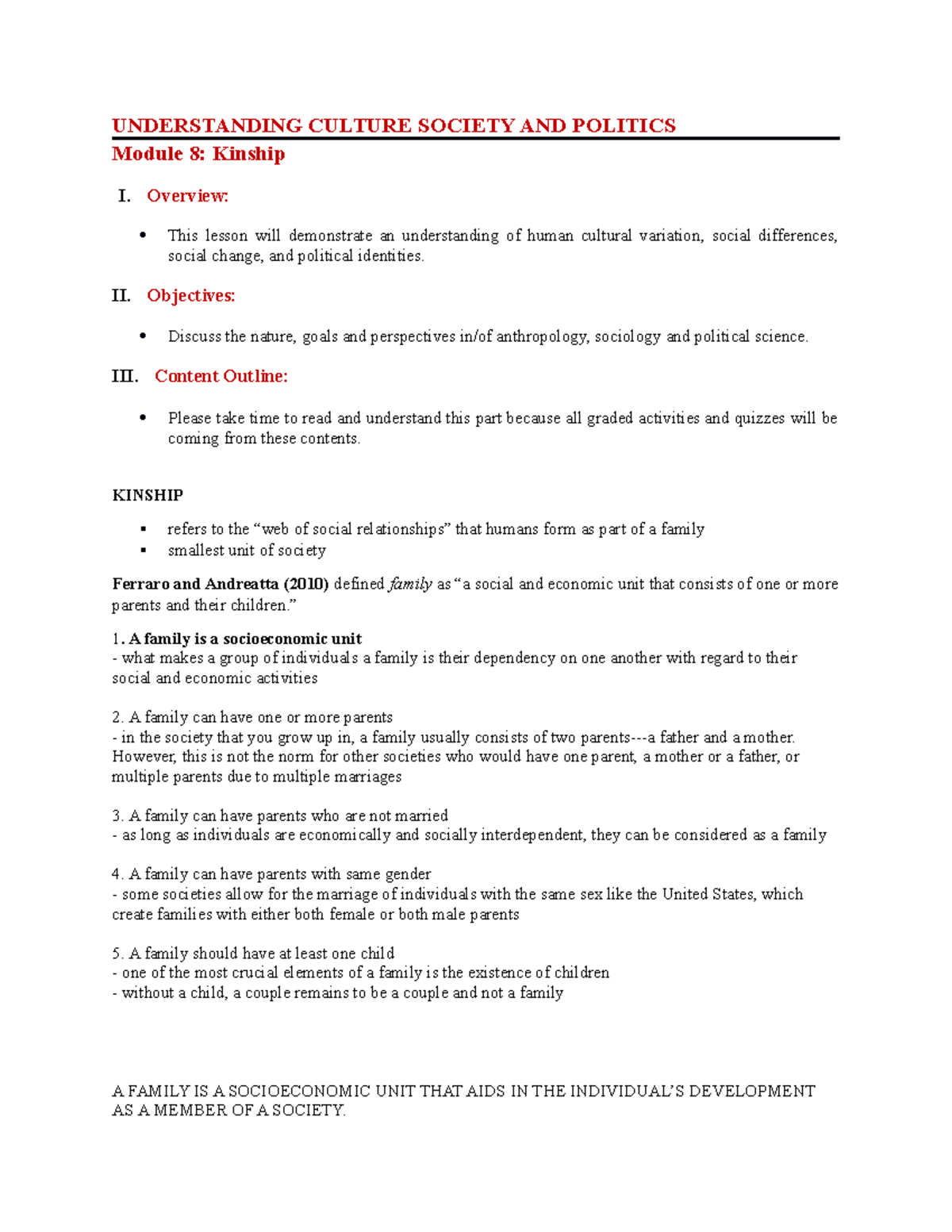 Module 8 Kinship - Lecture notes 8 - UNDERSTANDING CULTURE SOCIETY AND ...