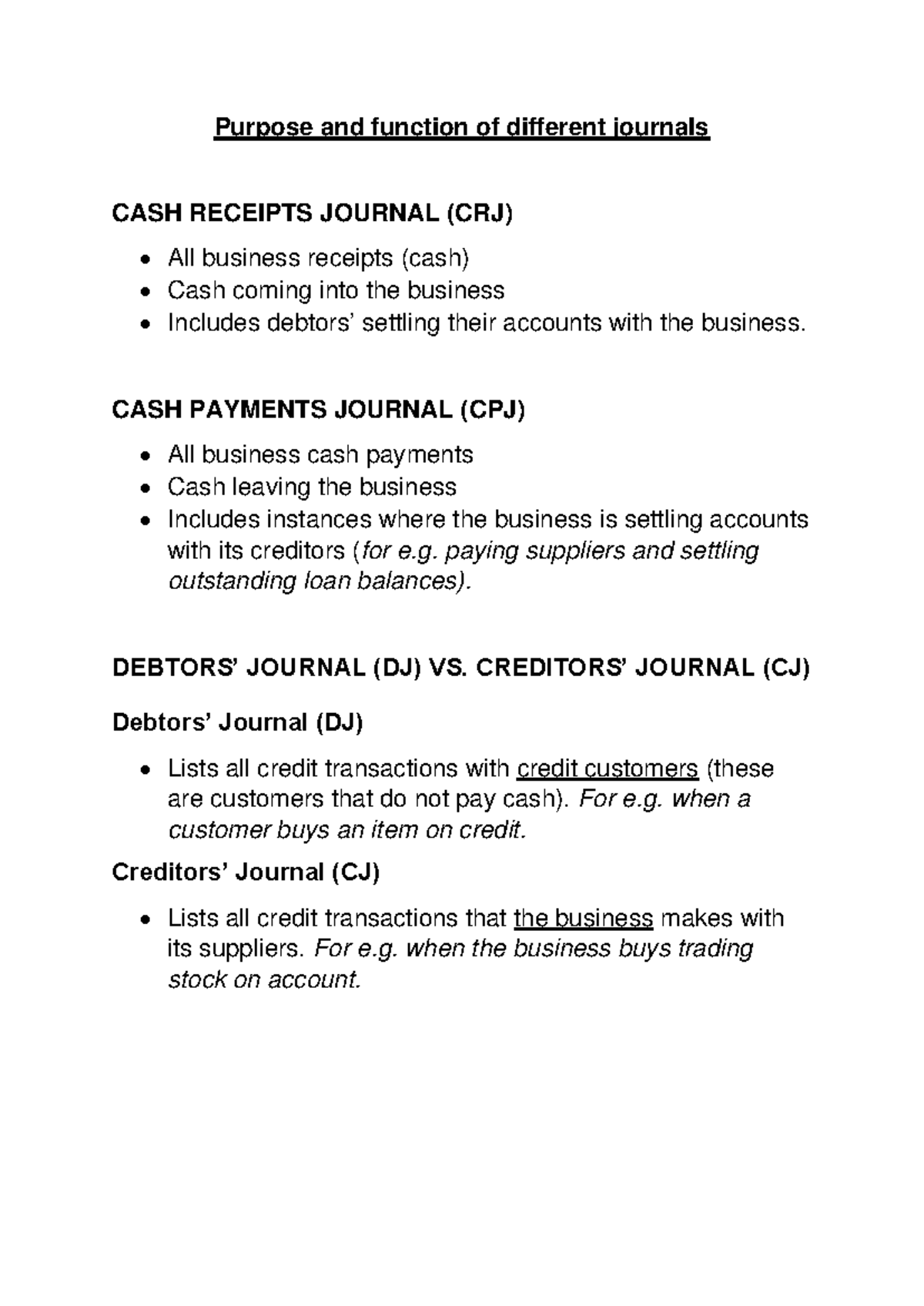 Purpose and function of different journals - CASH PAYMENTS JOURNAL (CPJ ...