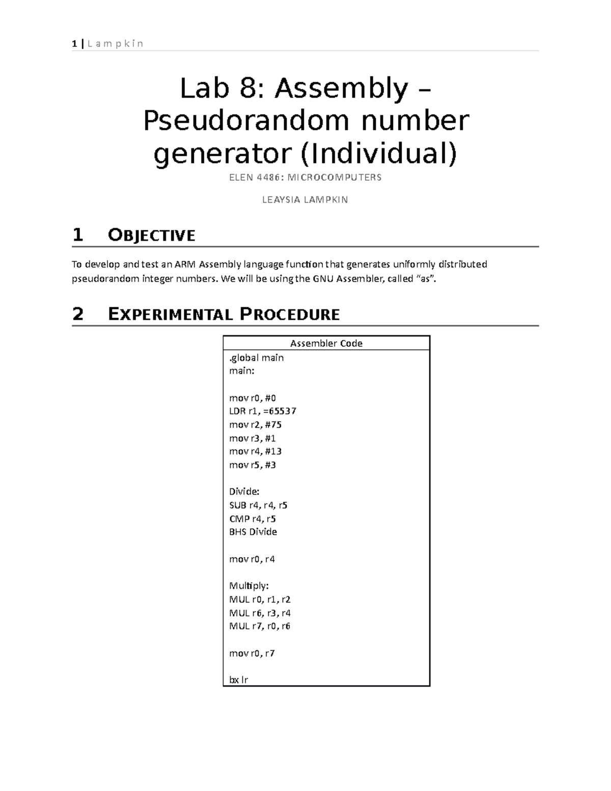 Lab 8 Assembly - Lab 8: Assembly – Pseudorandom number generator (Individual) ELEN 4486: - Studocu