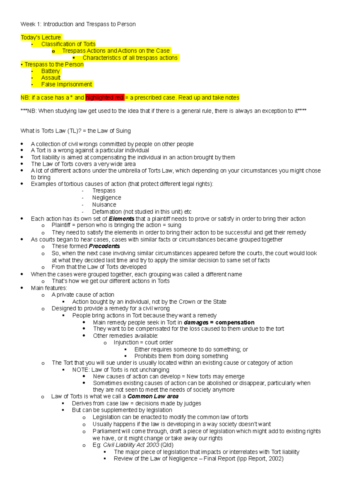 Week 1 Lecture Notes LLB102 - Week 1: Introduction and Trespass to ...
