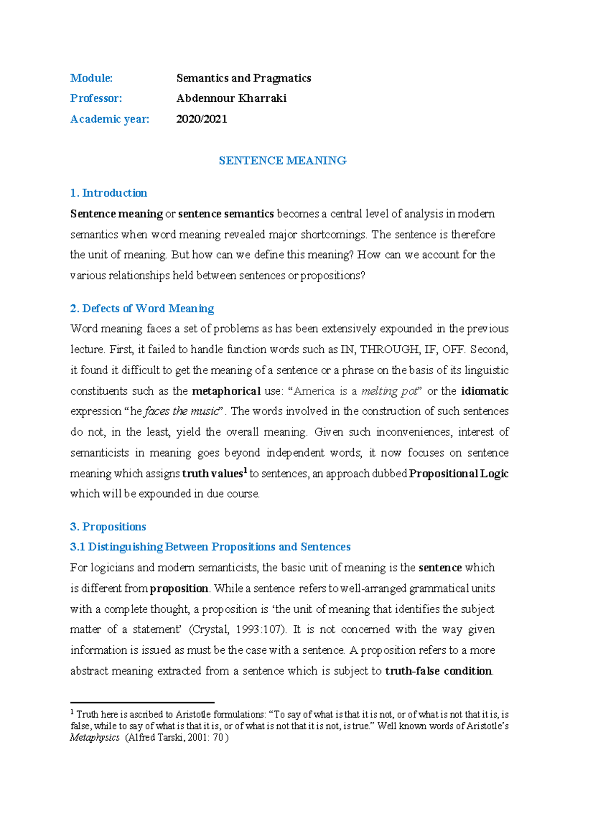 Sentence meaning 2021 - cour de pragramatics semestre six professeur kharraki - Module ...