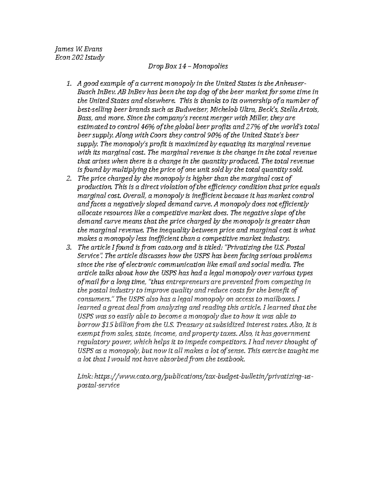 Drop Box 14 - Grade: A - James W. Evans Econ 202 Istudy Drop Box 14 ...