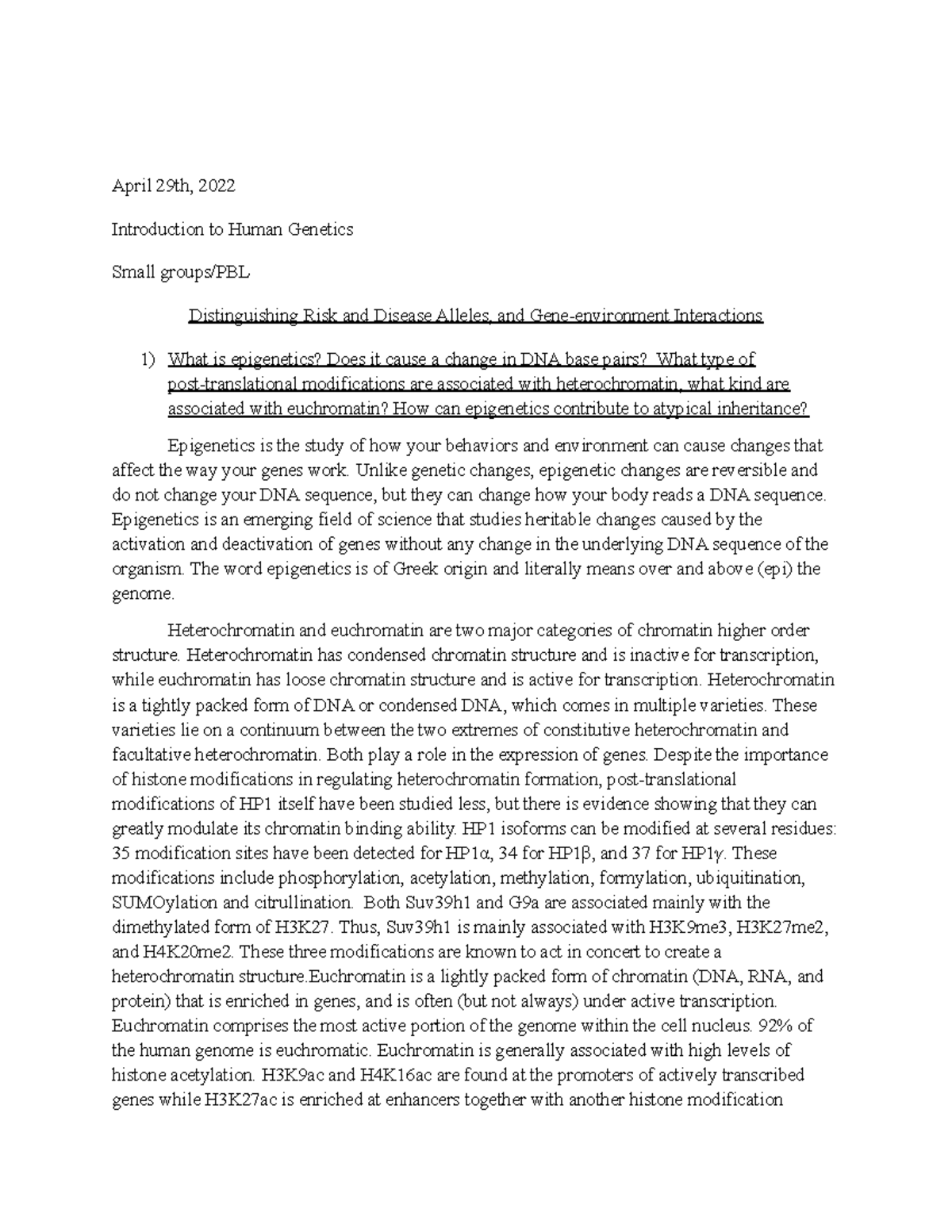 Genetics Assignment 12 - April 29th, 2022 Introduction to Human ...