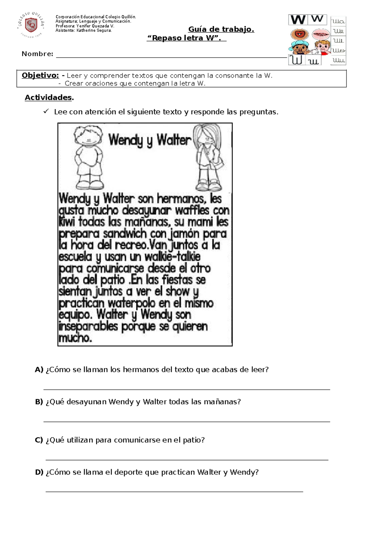 Guía de Repaso letra W - Trabajo de comprensión lectora y creación de textos con la consonante W ...