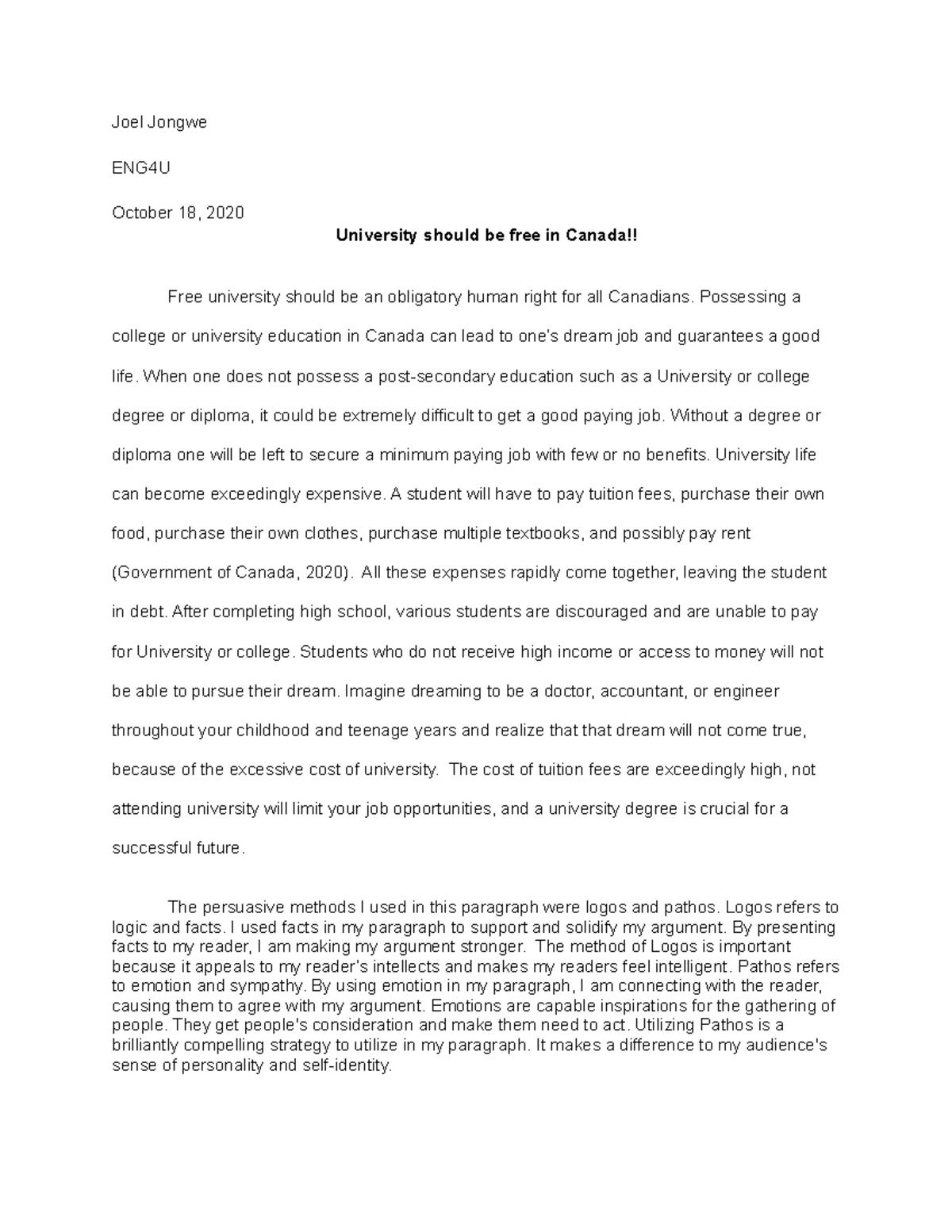 University should be free in Canada - Joel Jongwe ENG4U October 18 ...