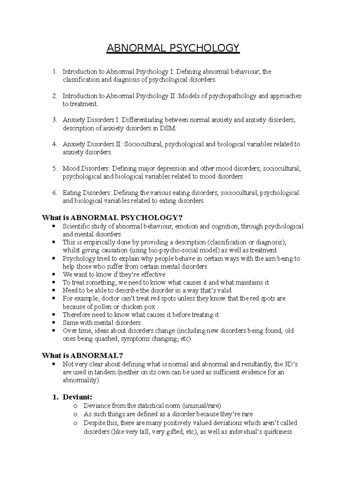Abnormal Psychology - Lecture notes 2 - ABNORMAL PSYCHOLOGY ...