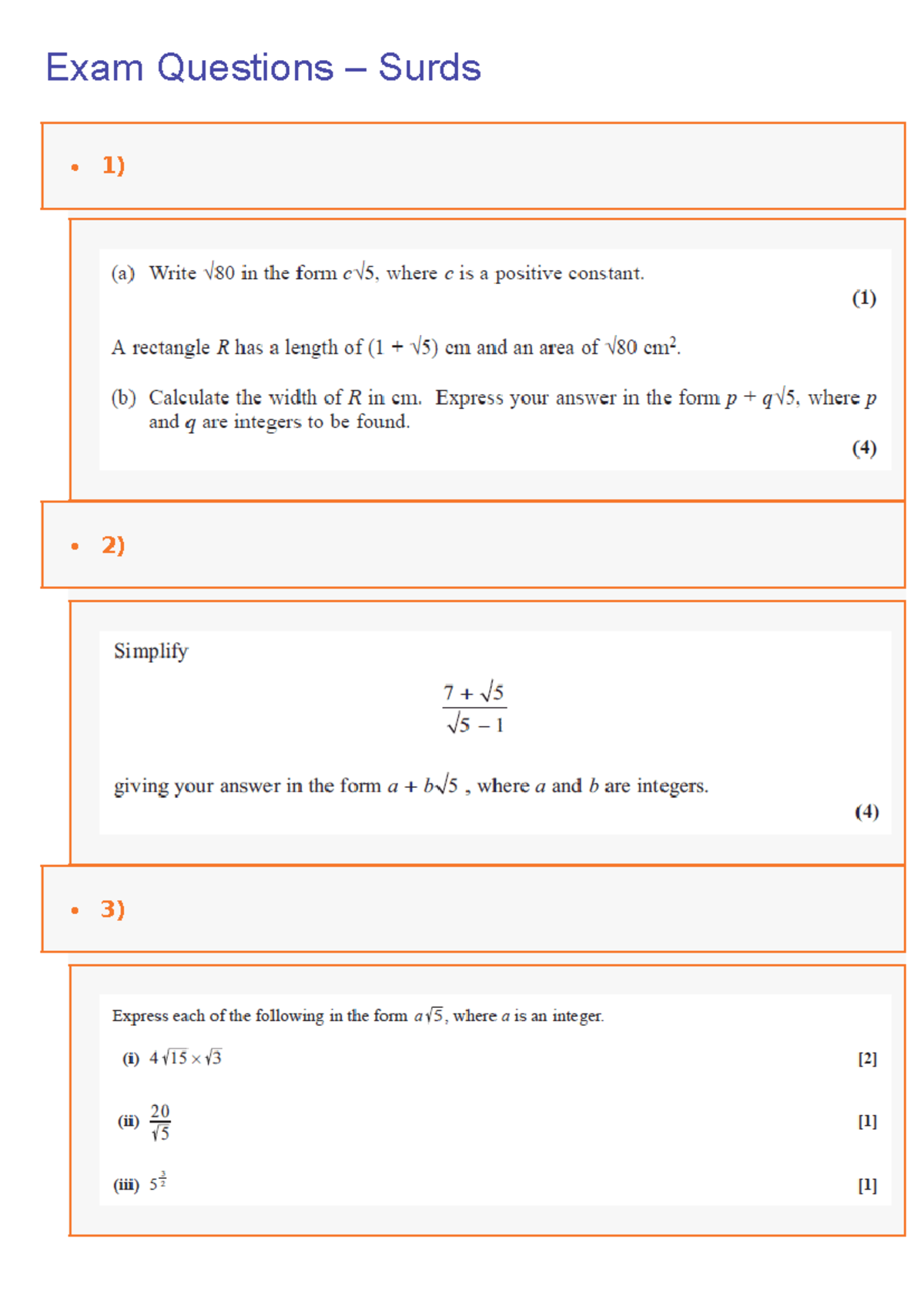 Exam Questions -Surds -1 - Exam Questions – Surds 1) 2) 4) 5) 6) - Studocu