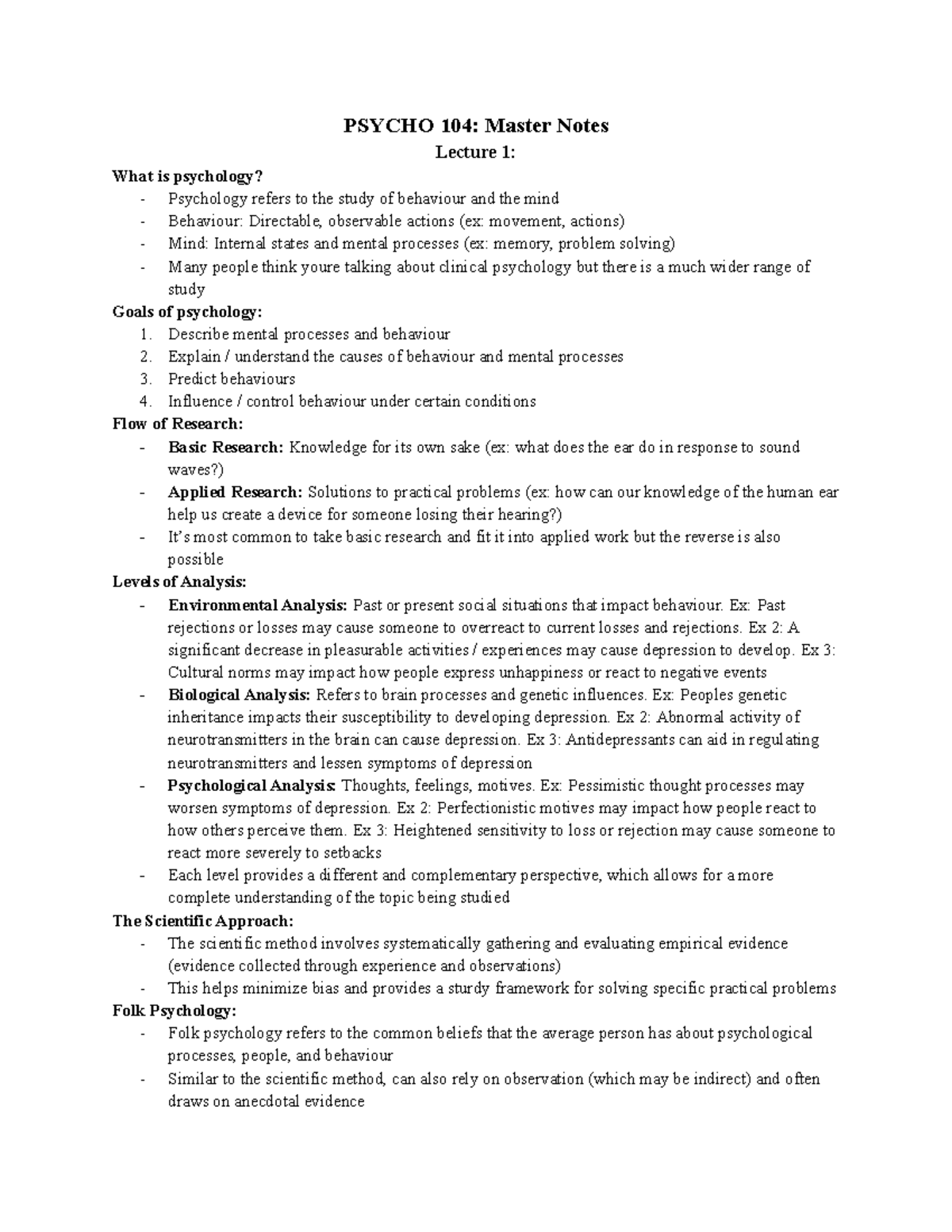 Psycho 104 Master Notes - PSYCHO 104: Master Notes Lecture 1: What is ...