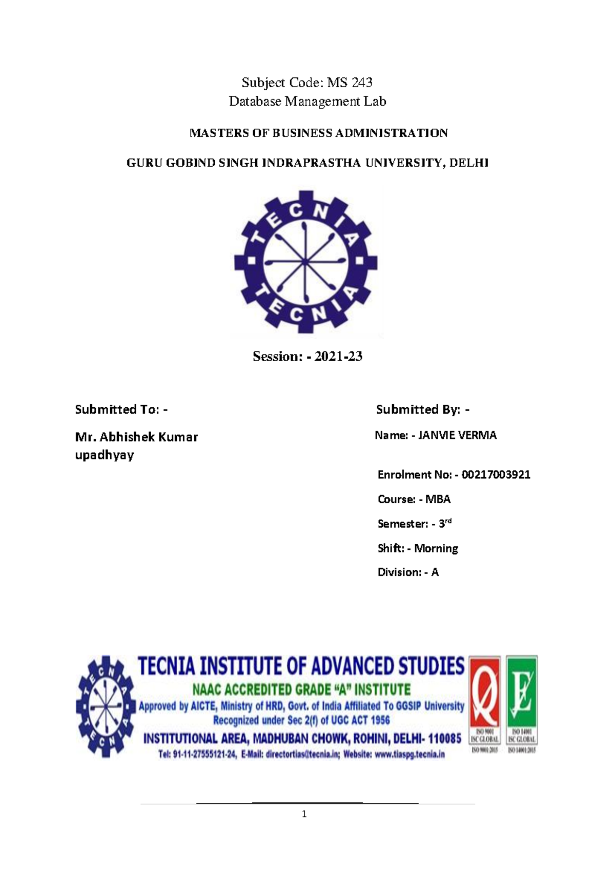 DBMS Lab Janvie - IT NOTES - Subject Code: MS 243 Database Management ...