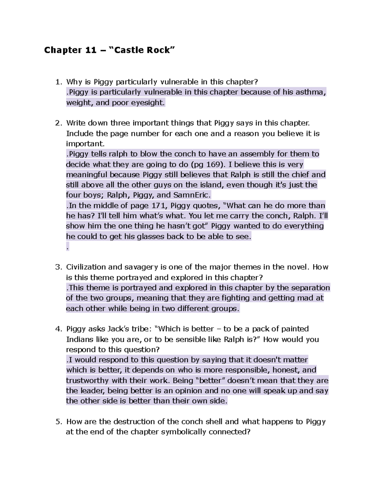 Lot F Chapter 11 Questions - Chapter 11 – “Castle Rock” Why is Piggy ...