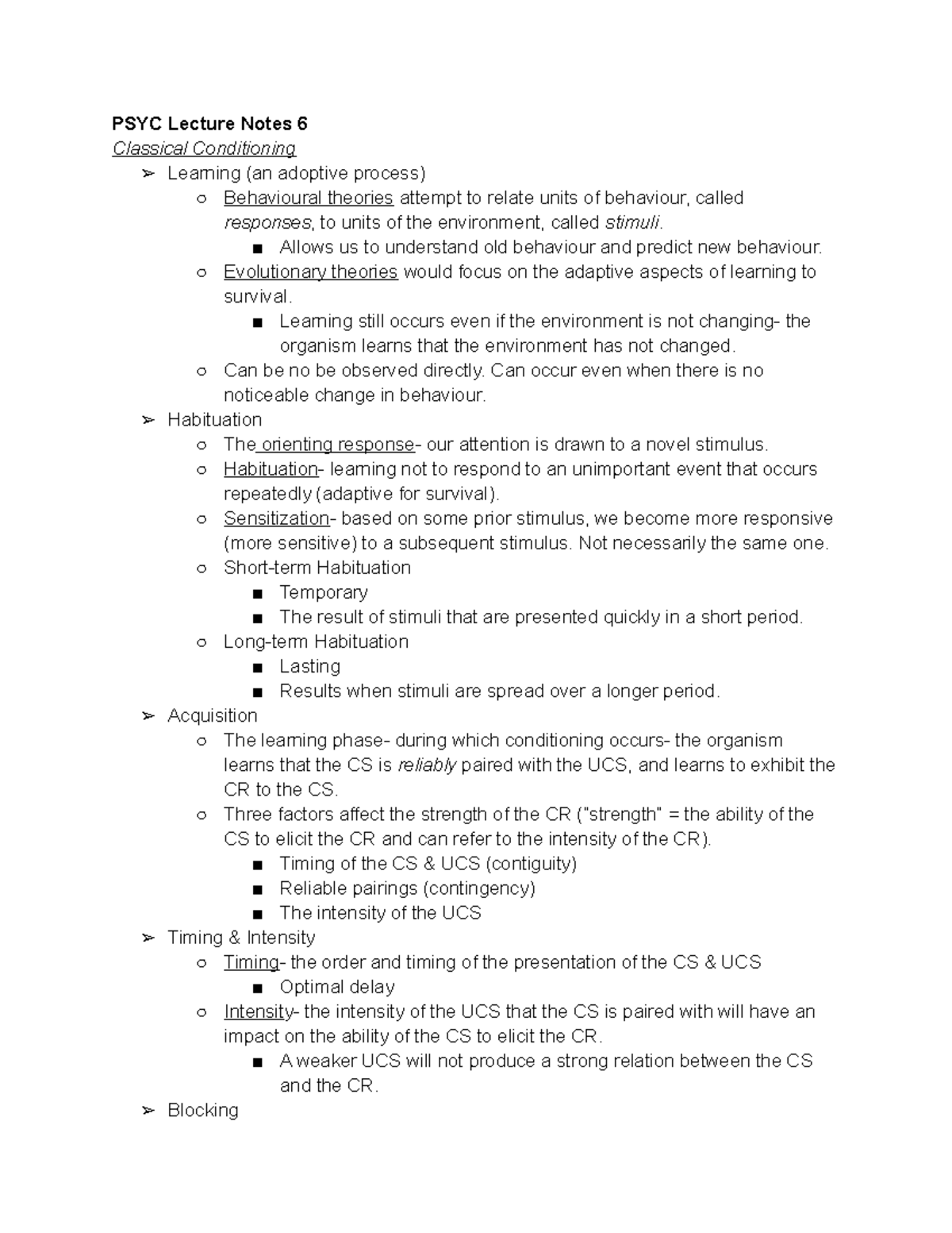 Psyc 1001 Complete Lecture Notes 6 20202021 Psyc Lecture Notes 6 Classical Conditioning