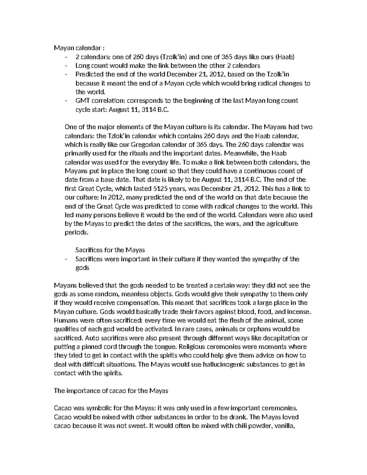 Mayan culture - notes - Mayan calendar : - 2 calendars: one of 260 days ...