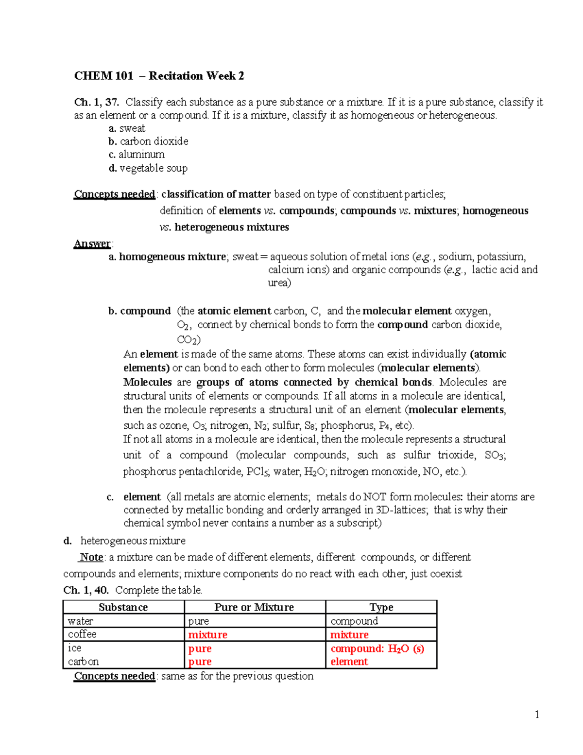 CHEM 1011 Recitation Week 2 Answer Key - CHEM 101 – Recitation Week 2 Ch. 1, 37. Classify each ...