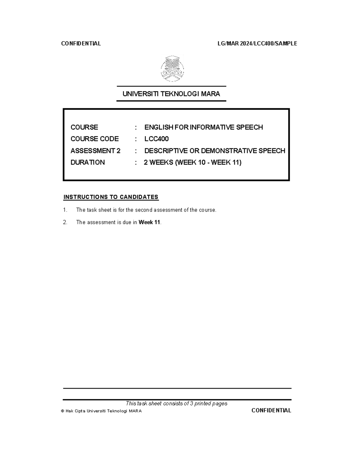 1. LCC400 Sample OF Assessment 2 Speaking - CONFIDENTIAL LG/MAR 2024 ...