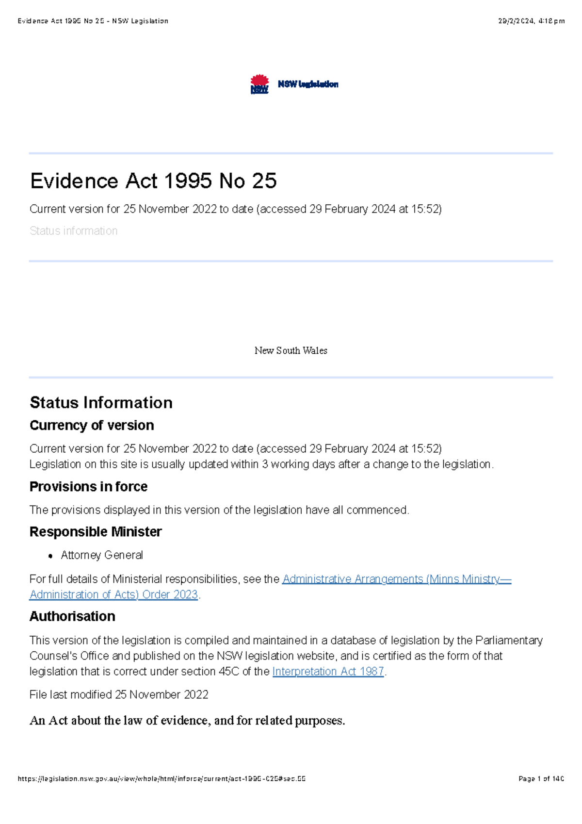 Evidence Act 1995 No 25 - NSW Legislation - Evidence Act 1995 No 25 ...