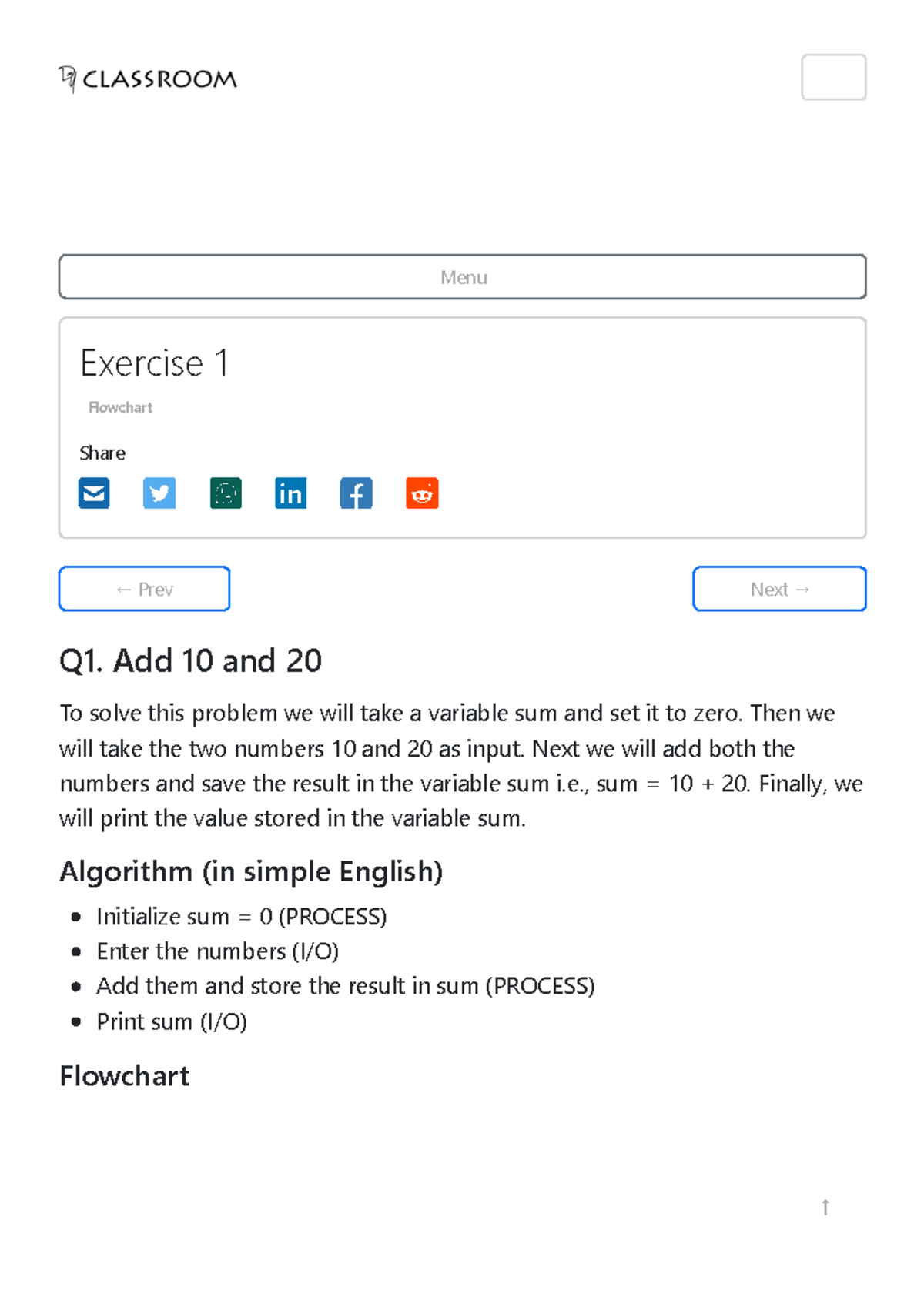Execise Flowchart And Pseudocode Next → Menu ← Prev Q1 Add 10 And 20 To Solve This Problem We 9117