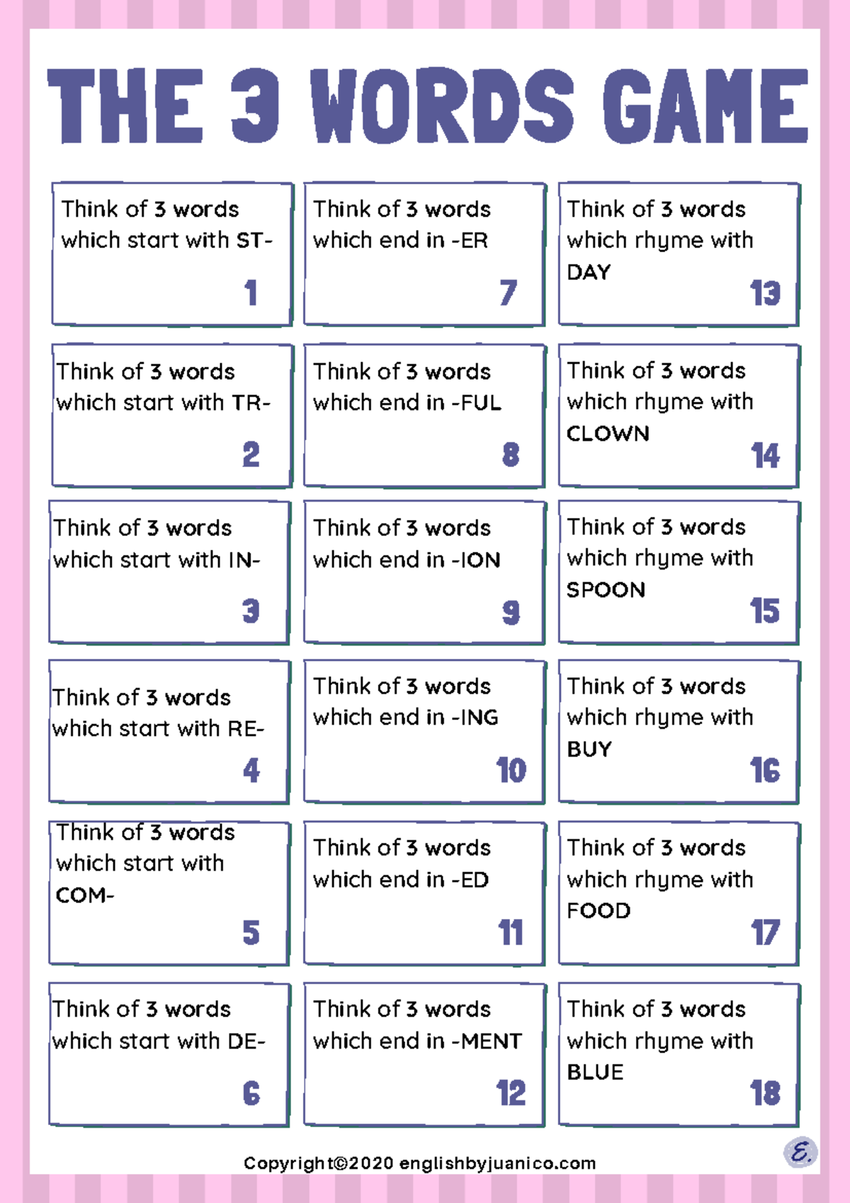 The-3-Words-Game FREE-worksheet-no - Copyright©2020 englishbyjuanico ...