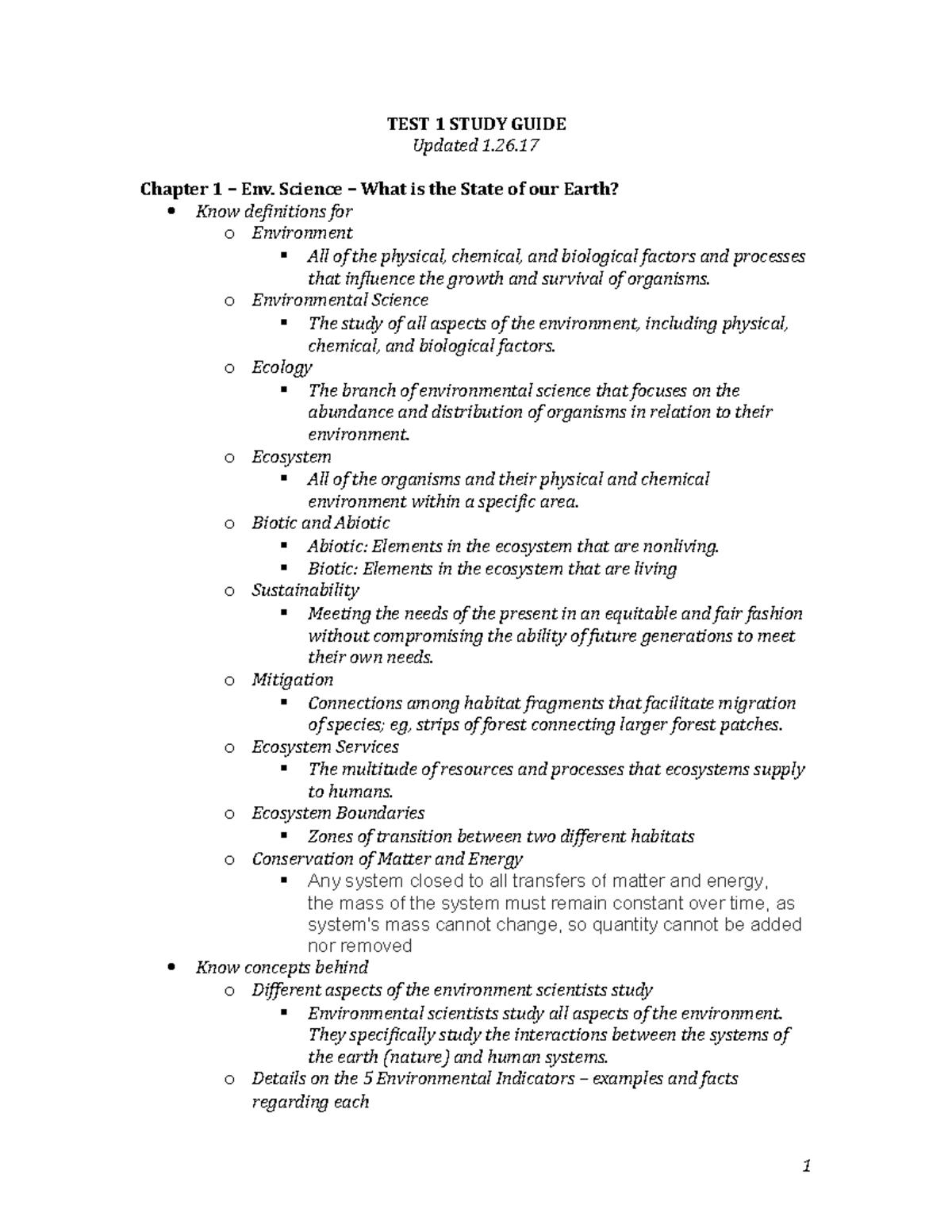 TEST 1 Study Guide - TEST 1 STUDY GUIDE Updated 1.26 Chapter 1 – Env ...
