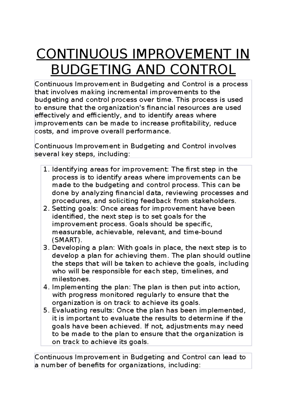 Continuous Improvement IN Budgeting AND Control - CONTINUOUS ...