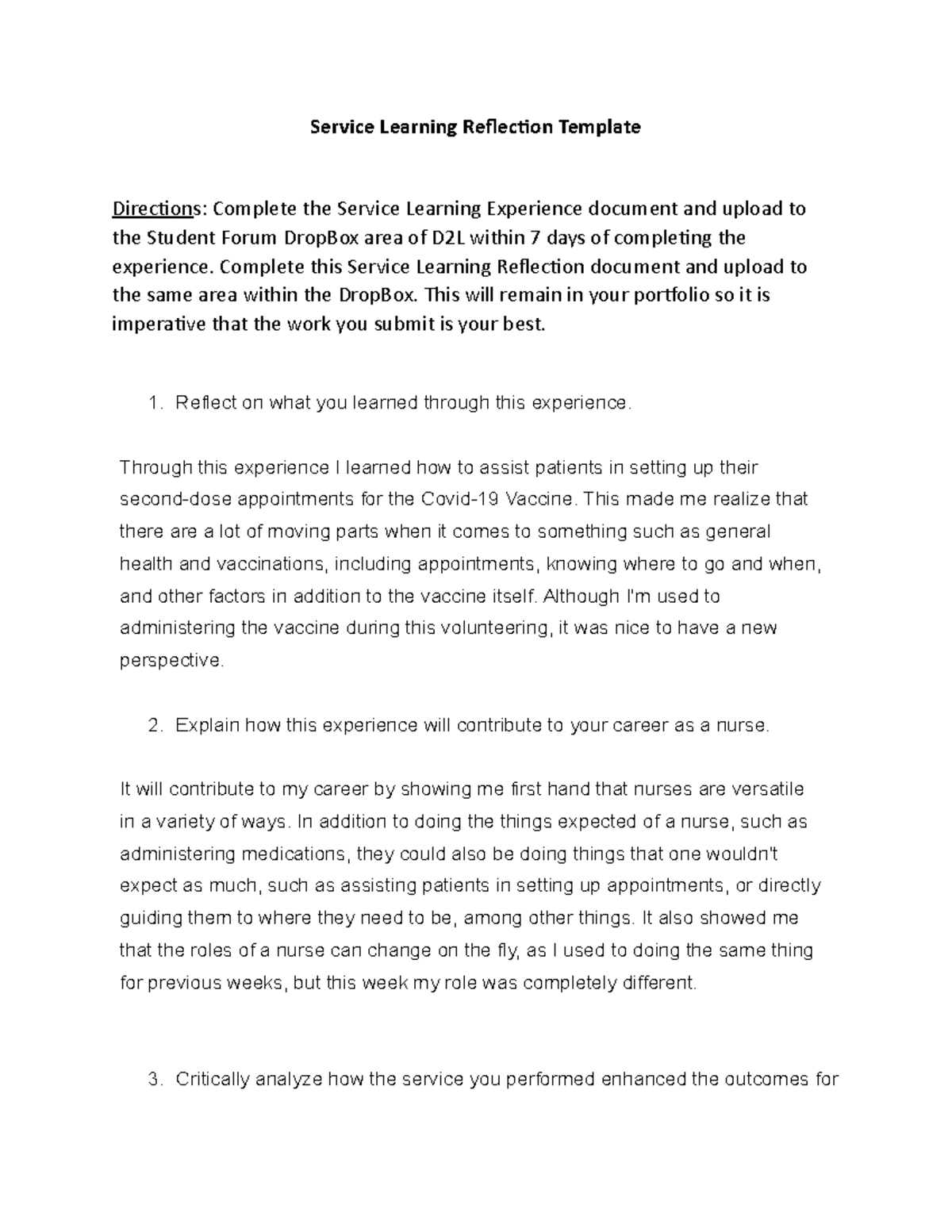Service Learning Reflection Template 1 - Service Learning Reflection ...