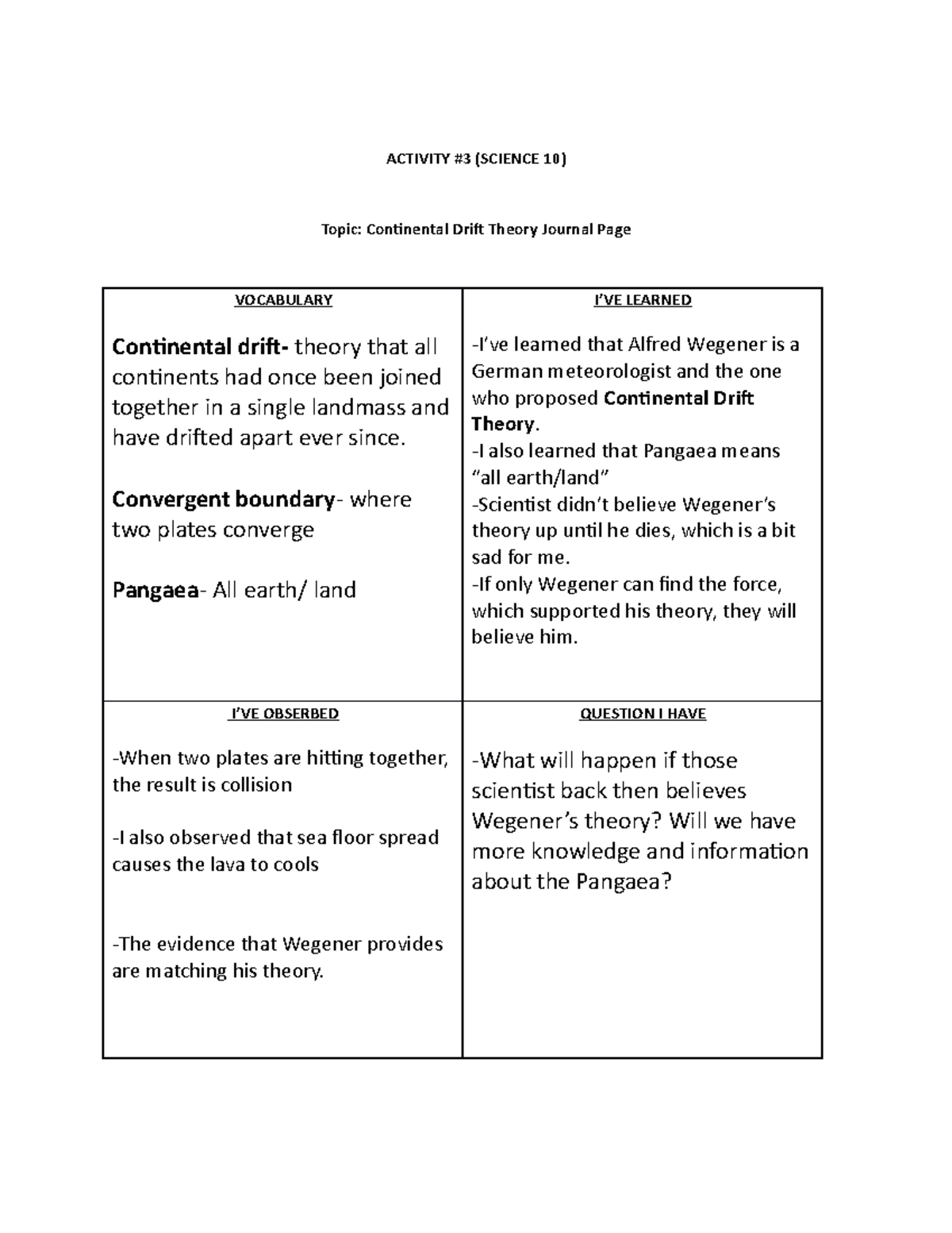 Activity 3 - ACTIVITY #3 (SCIENCE 10) Topic: Continental Drift Theory ...