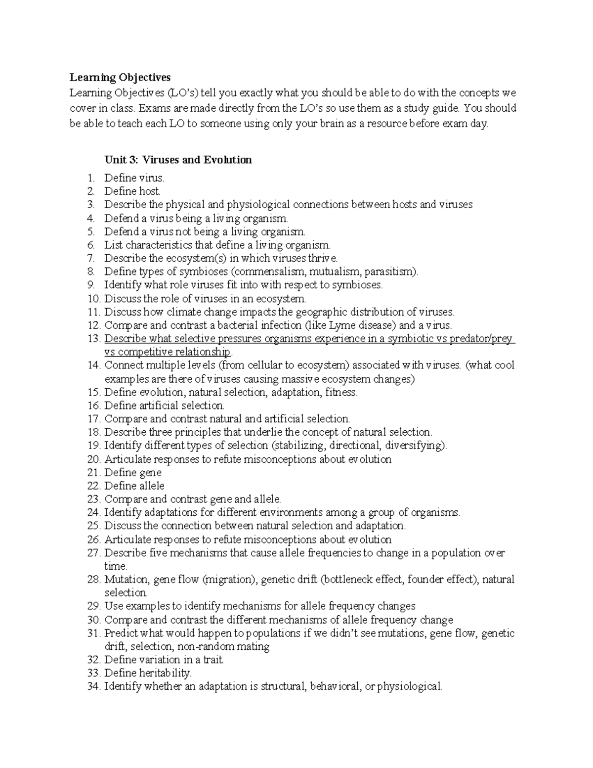 Learning Objectives Unit 3, Viruses and Evolution - Learning Objectives ...