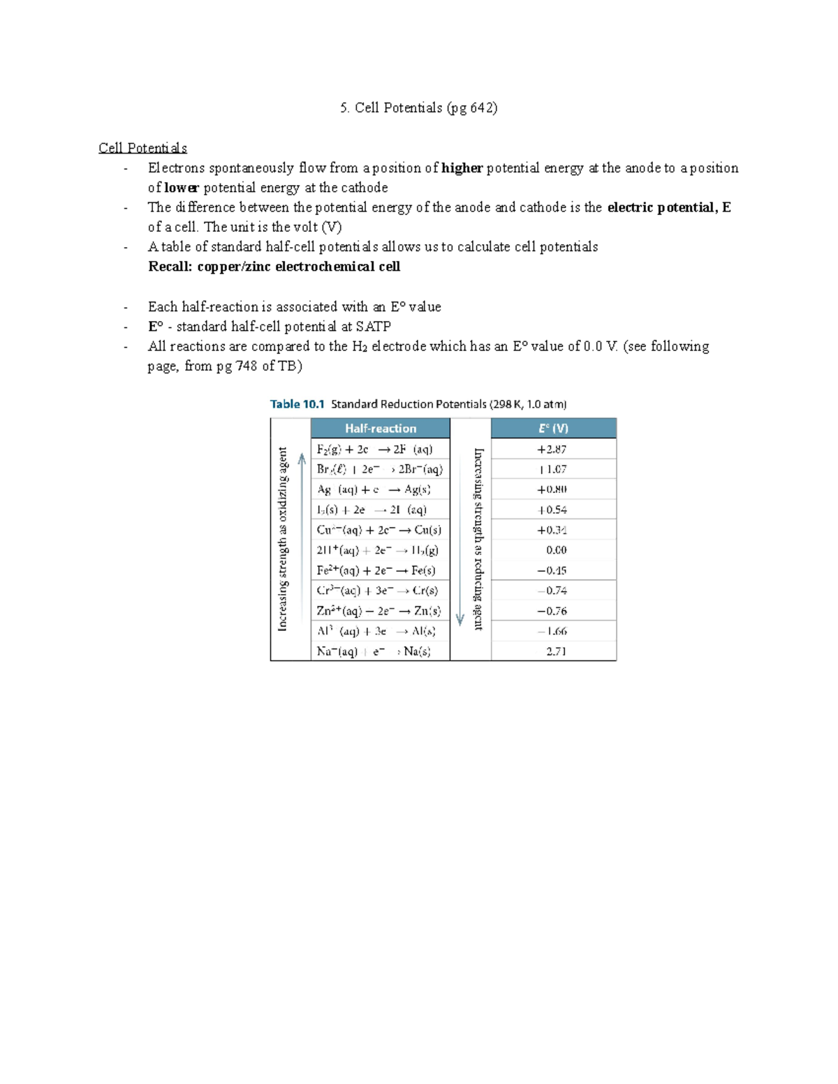 5. Cell Potentials - Notes - Cell Potentials (pg 642) Cell Potentials ...