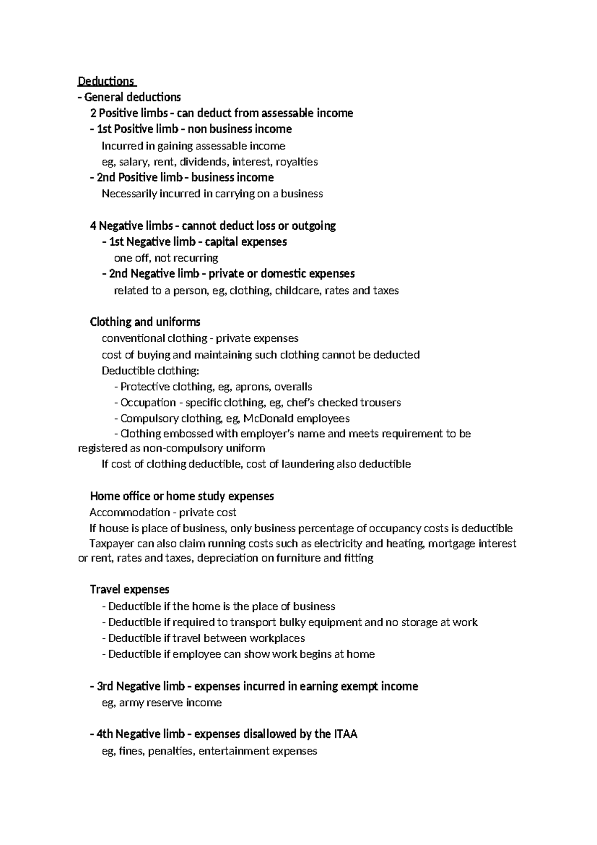 Deductions summary - Deductions General deductions 2 Positive limbs ...