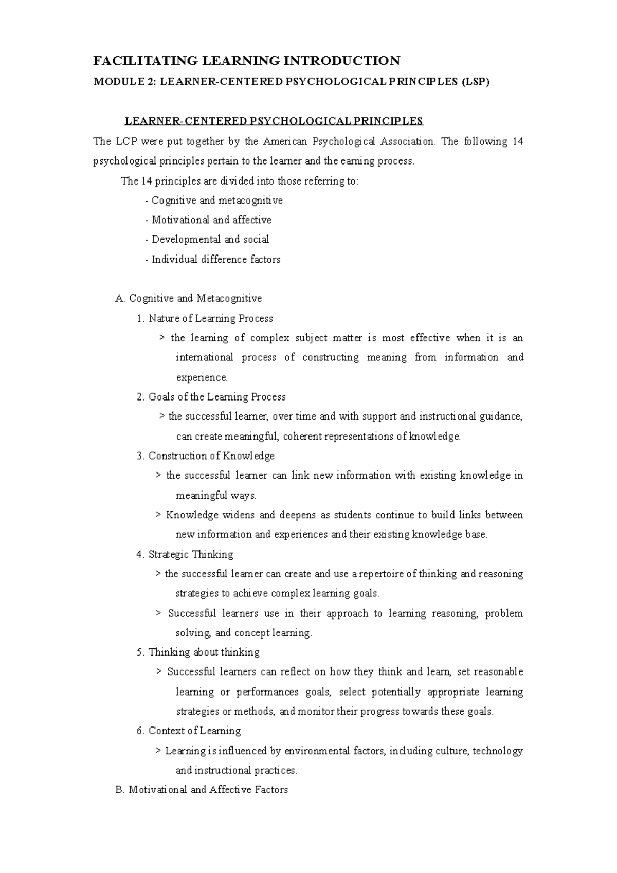 Facilatating Learning Module 2 (LSP) - FACILITATING LEARNING INTRODUCTION MODULE 2: LEARNER ...