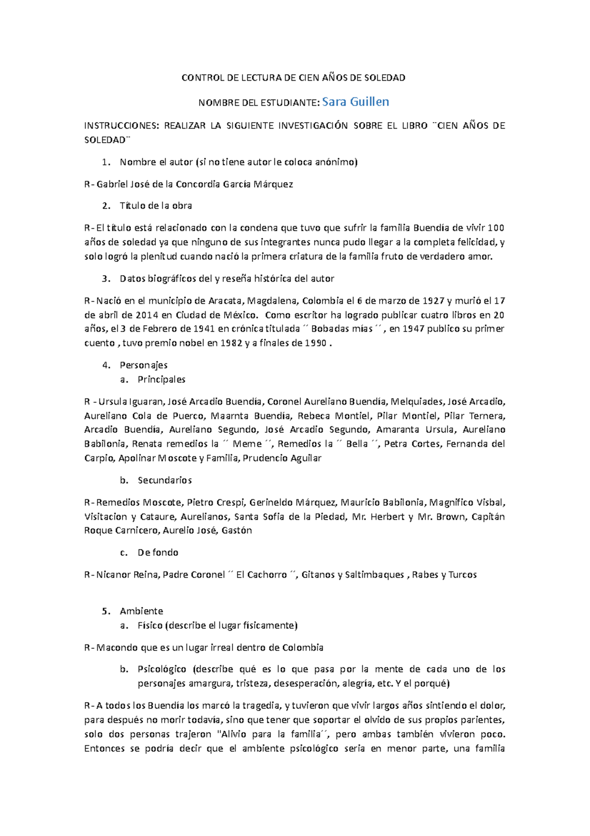 Control DE Lectura DE CIEN AÑOS DE Soledad Sara Guillen - CONTROL DE ...