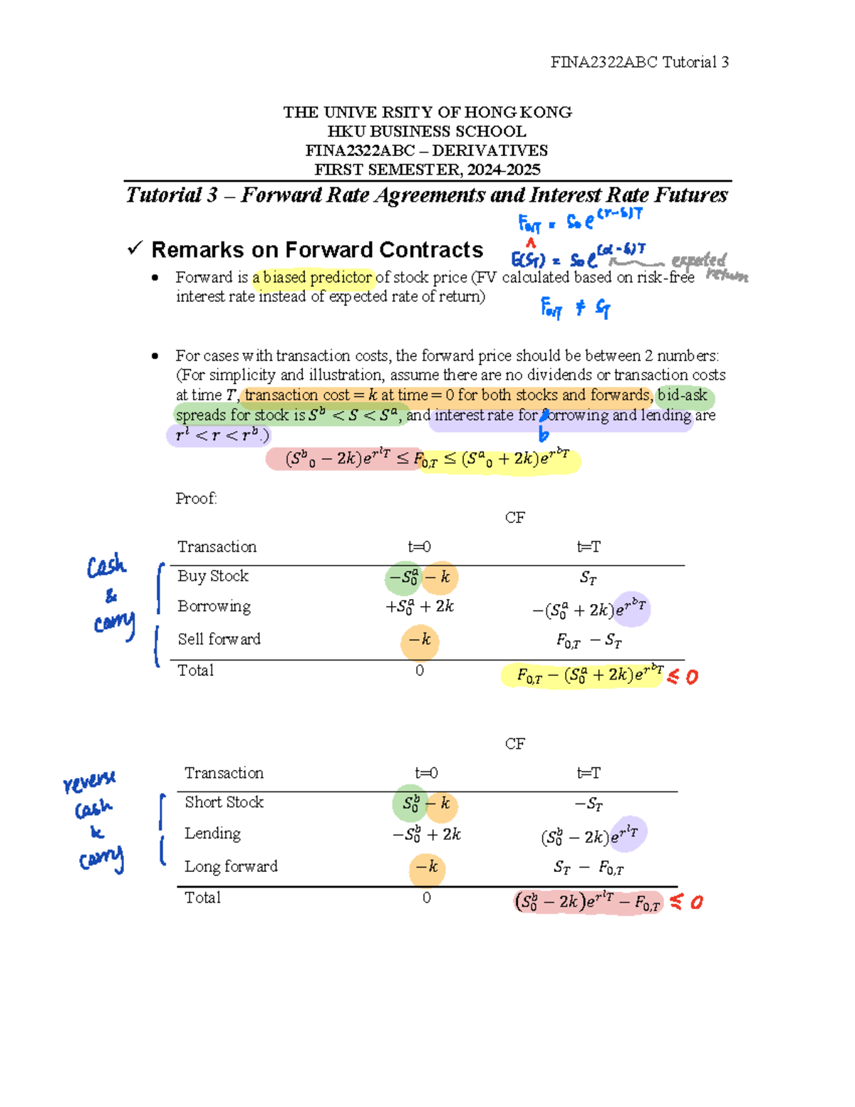 FINA2322 ABC 2024 Tutorial 3 notes - THE UNIVE RSITY OF HONG KONG HKU ...