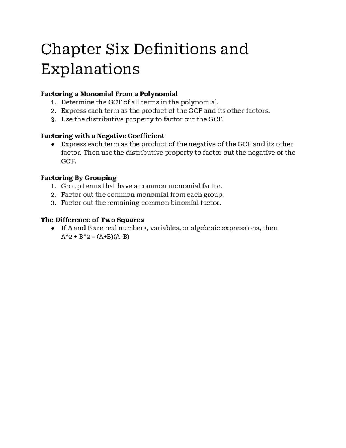 Chapter Six Definitions and Explanations - Chapter Six Denitions and Explanations Factoring a ...