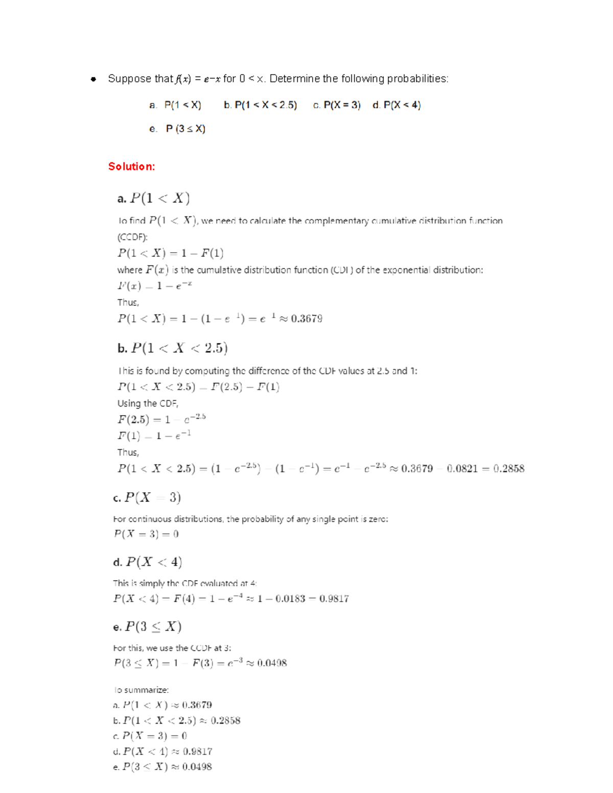 Continuous Probability Chapter Test - Suppose that 𝑓(𝑥) = 𝑒−𝑥 for 0