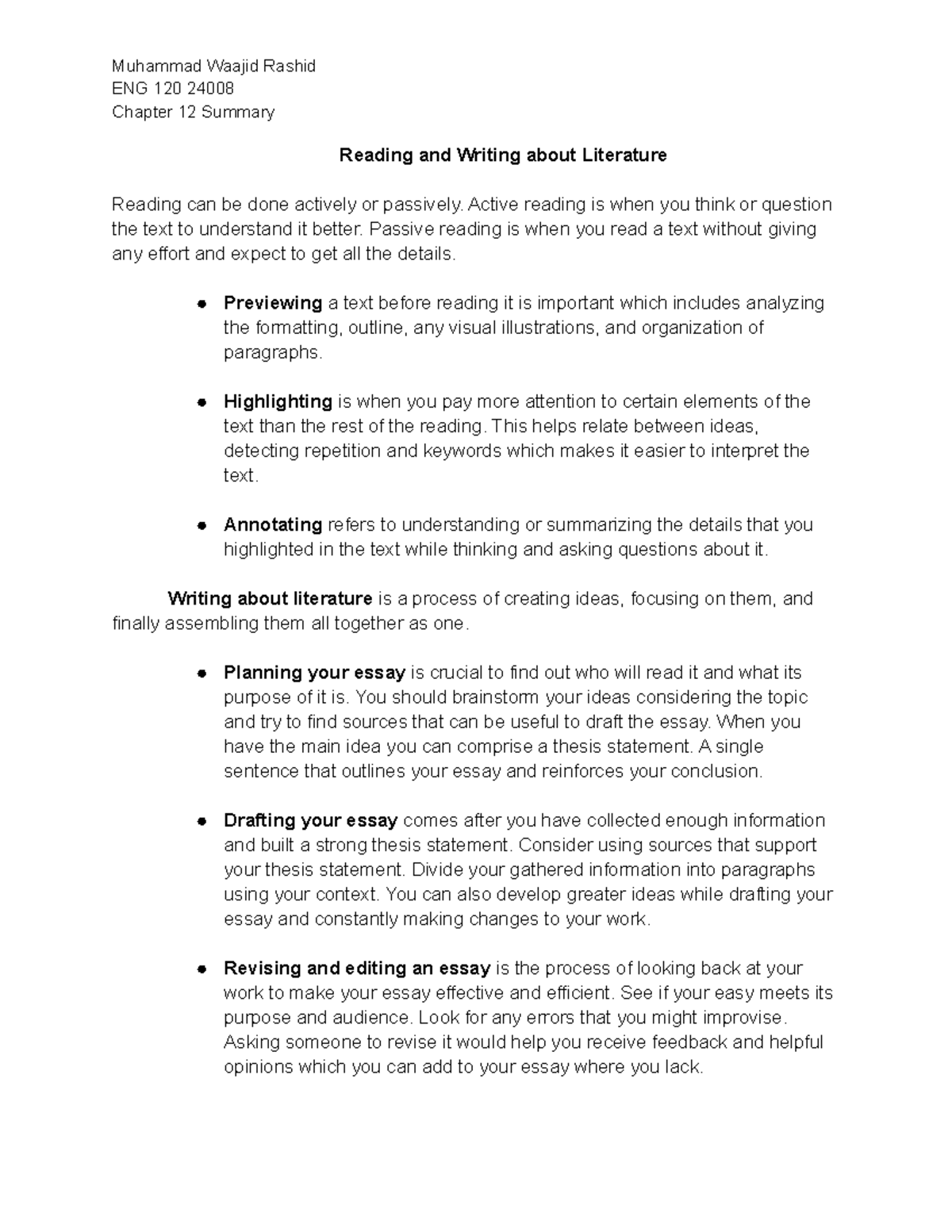 Essay guide for essay exams - Muhammad Waajid Rashid ENG 120 24008 ...