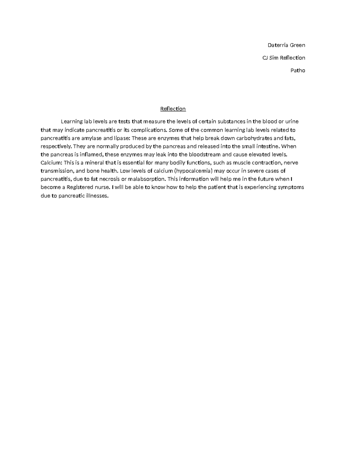 Reflection - NOTES - Daterria Green CJ Sim Reflection Patho Reflection ...