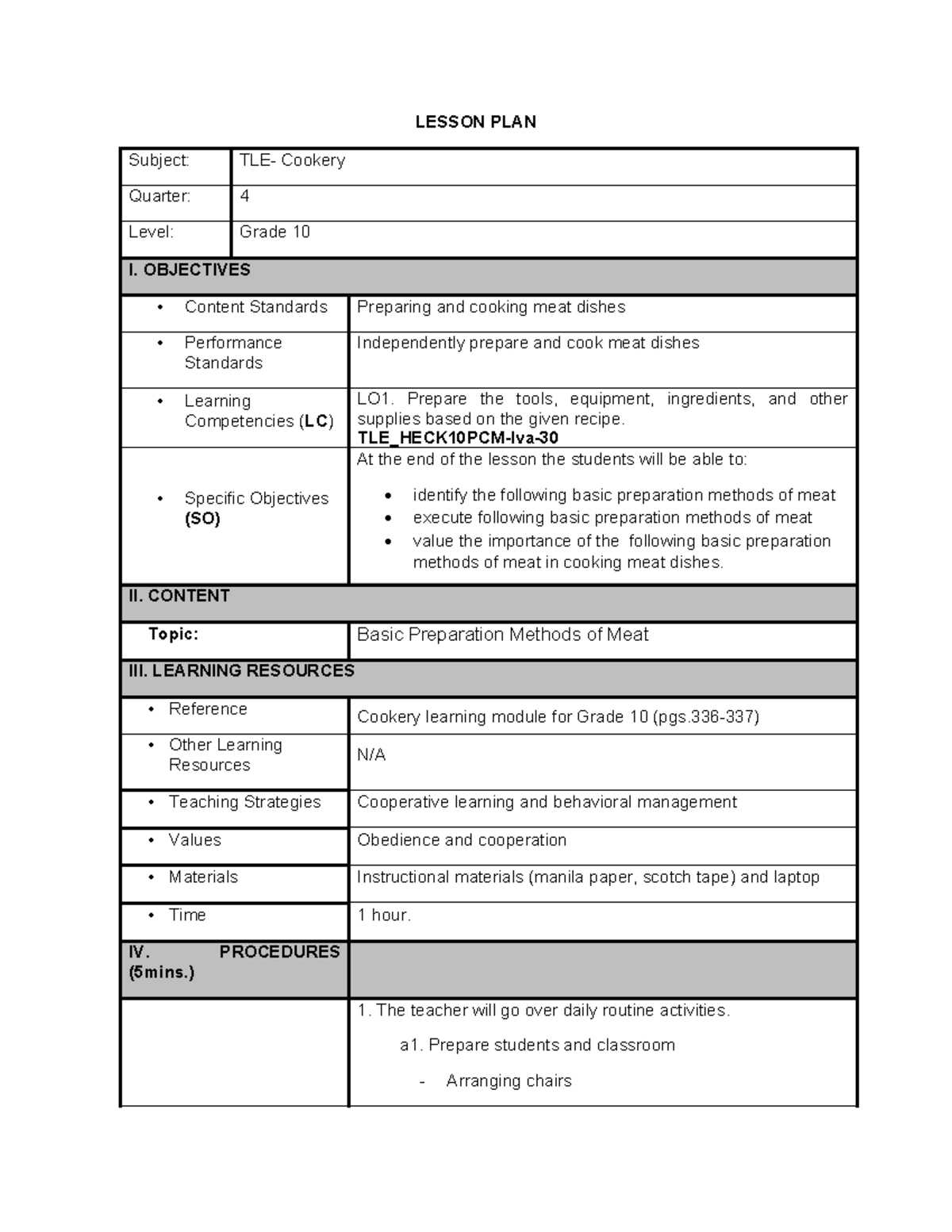 Ilide - FOR REFERENCES! - LESSON PLAN Subject: TLE- Cookery Quarter: 4 ...