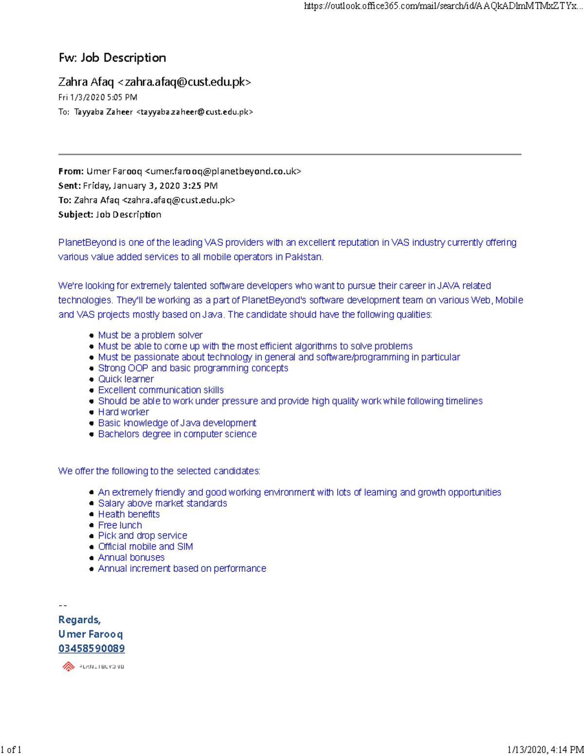 Job Description - Notes - Fw: Job Description Zahra Afaq Fri 1/3/2020 5 ...