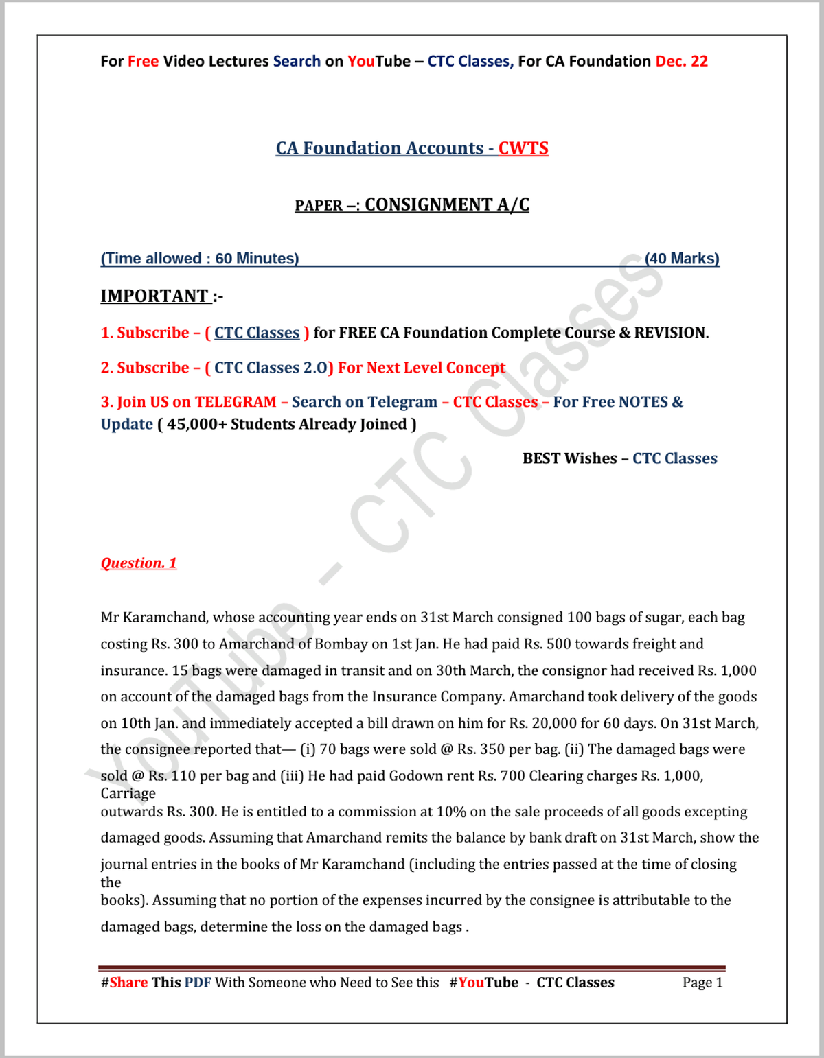 CA Foundation CWTS Dec 2022 I Consignment I CTC Classes - ca foundation ...