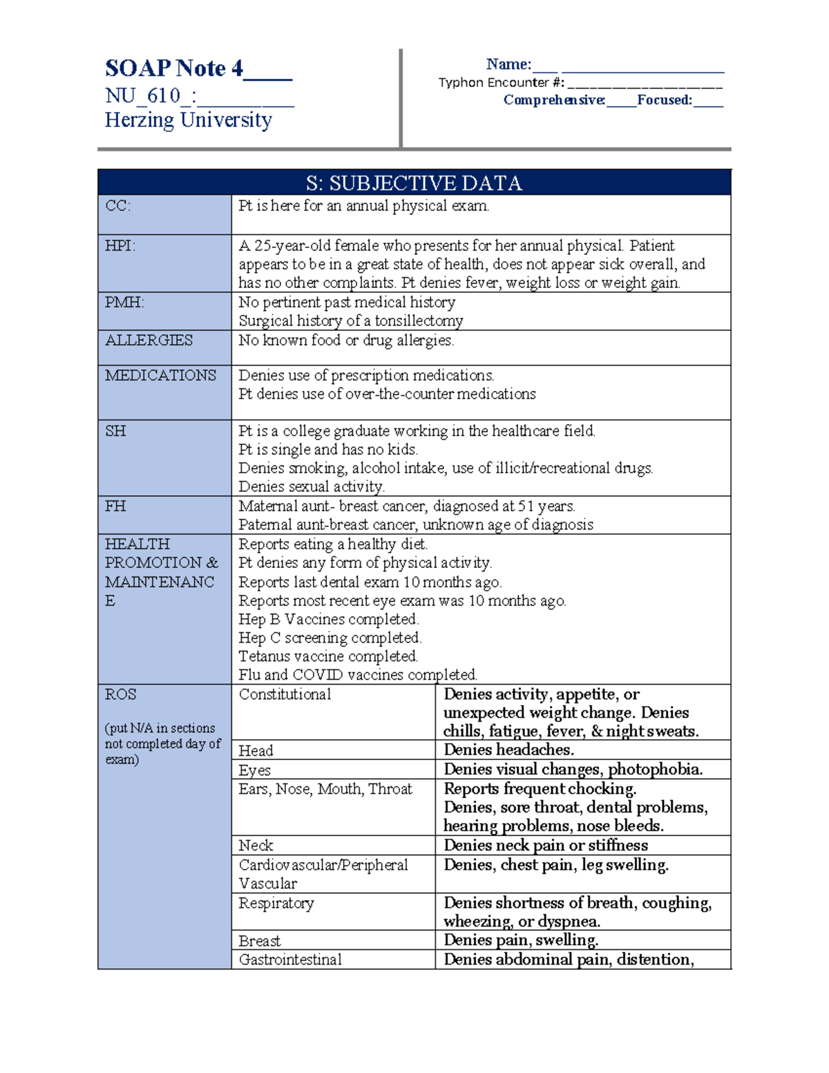 SOAP Note Template - week 4 - SOAP Note 4____ NU_610_:_________ Herzing ...
