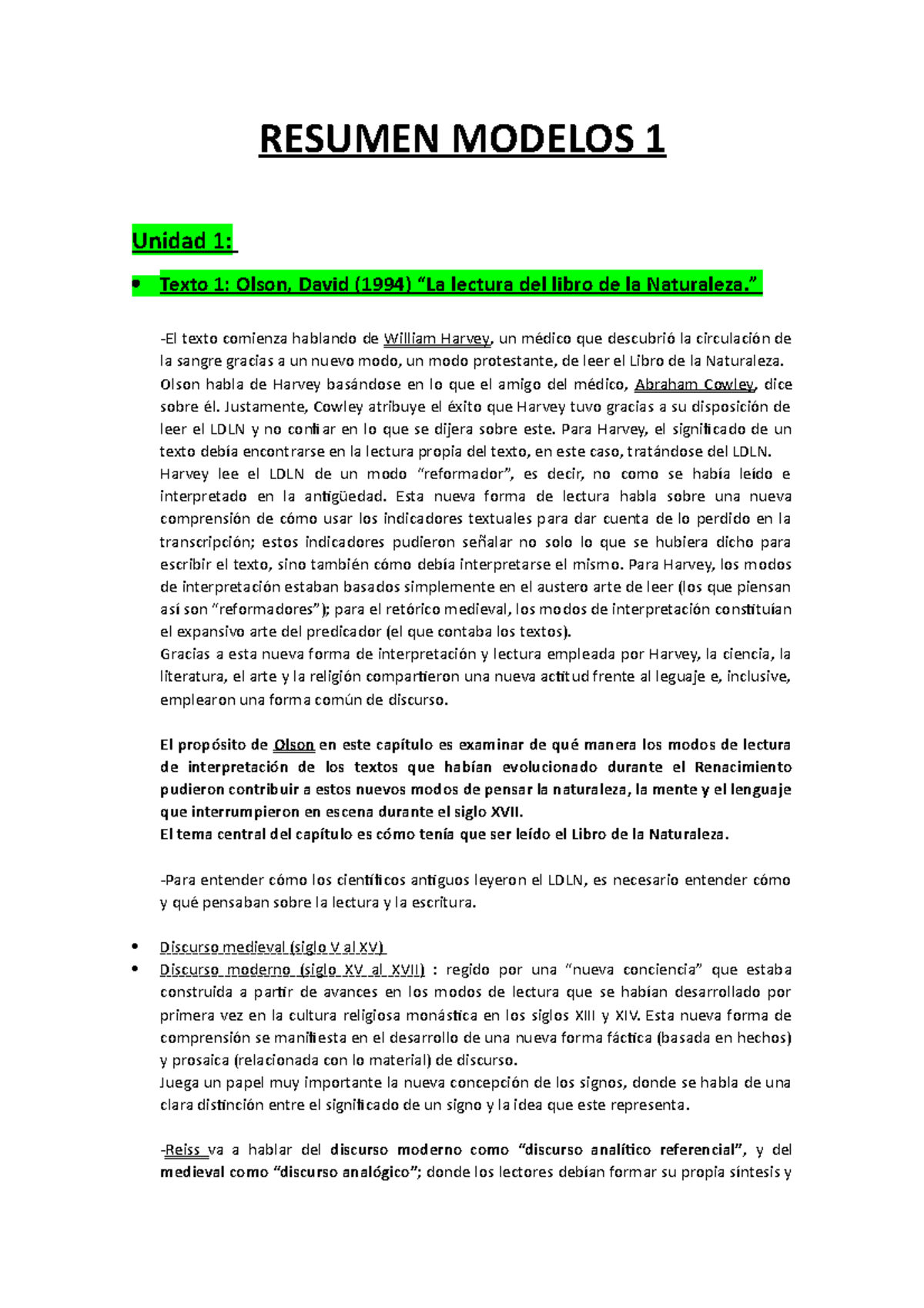 Resumen Modelos 1 - RESUMEN MODELOS 1 Unidad 1: Texto 1: Olson, David ...
